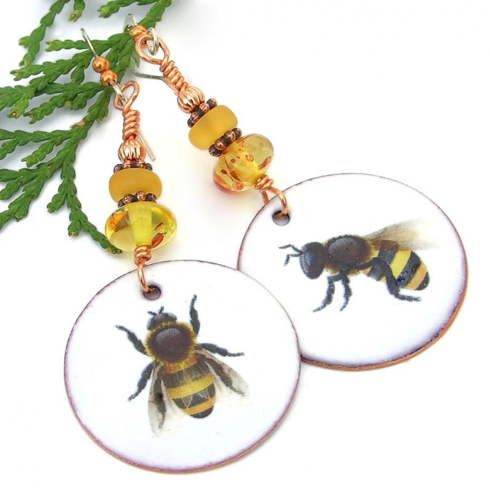 Bumble Bee Earrings, Enamel Amber Artisan Handmade Bee Lover Jewelry ...