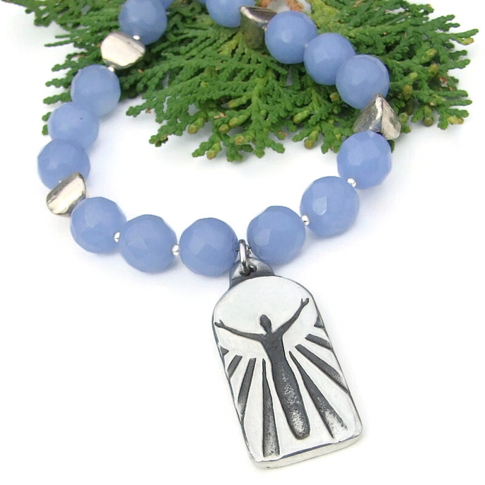 Thankful Woman Necklace, Blue Agate Handmade Gratitude Jewelry Gift ...