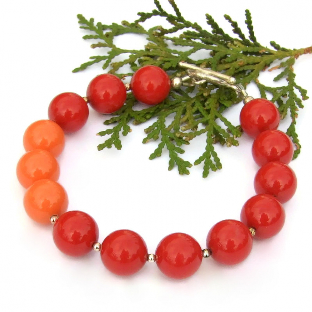 Red Orange Coral Swarovski Pearl Bracelet, Sterling Handmade Jewelry ...