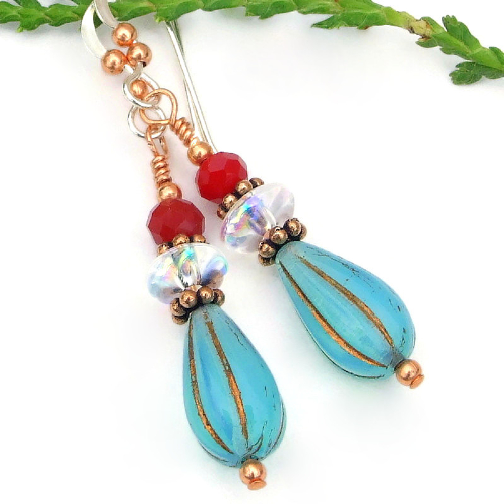 Aqua Blue Opaline Teardrop Earrings Clear Red Handmade Petite Earrings ...