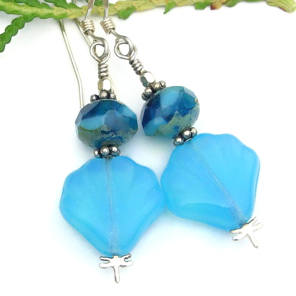 Aqua Opal Seashell Earrings, Sterling Dragonfly Handmade Beach Jewelry ...