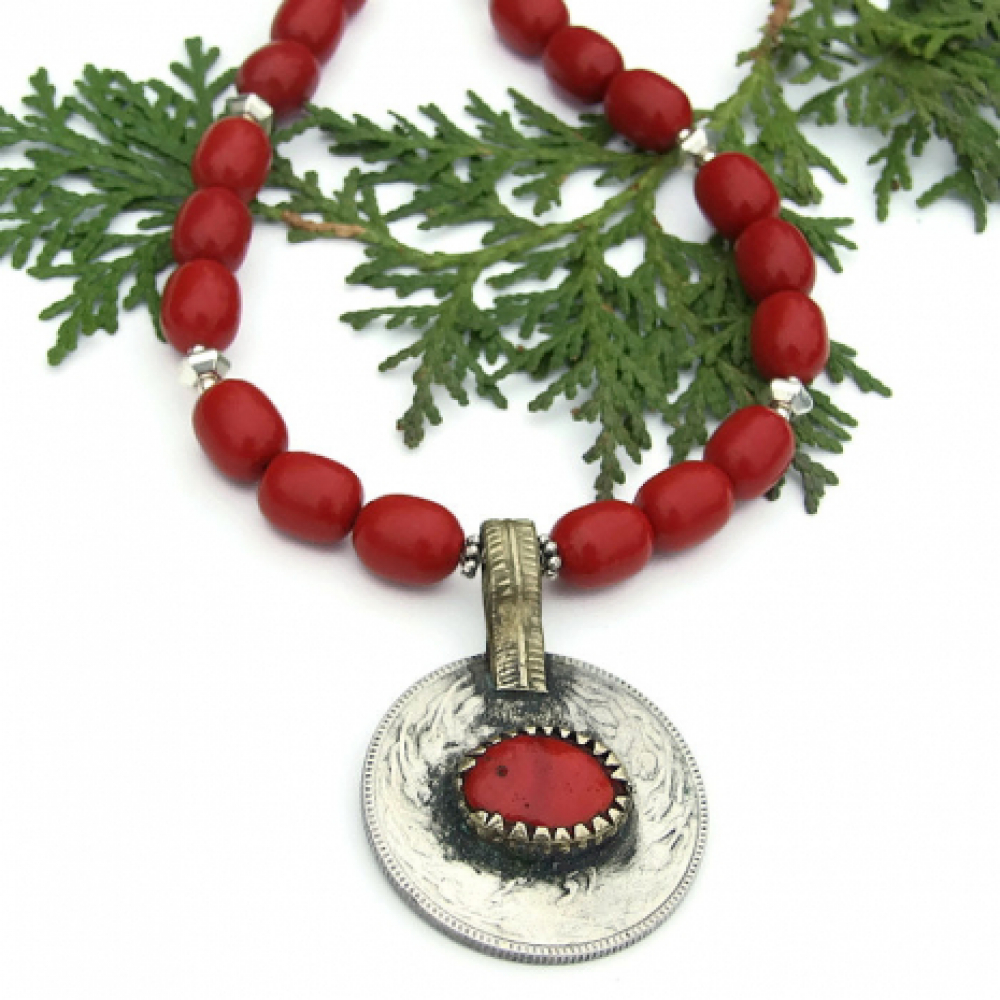 TRAVELER - Vintage Kuchi Coin Necklace, Red Coral Afghan Tribal ...