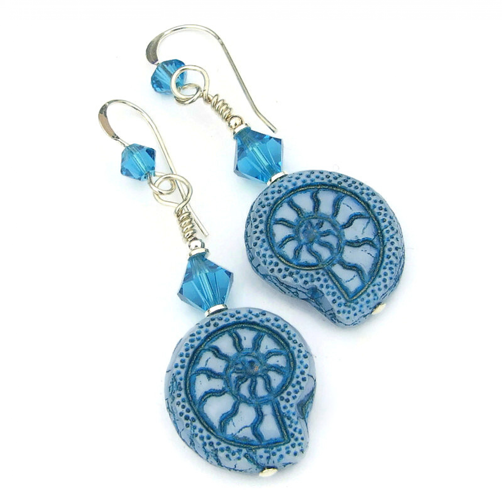 Fossil Spiral Shell Earrings, Blue Ammonite Crystals Handmade Jewelry ...