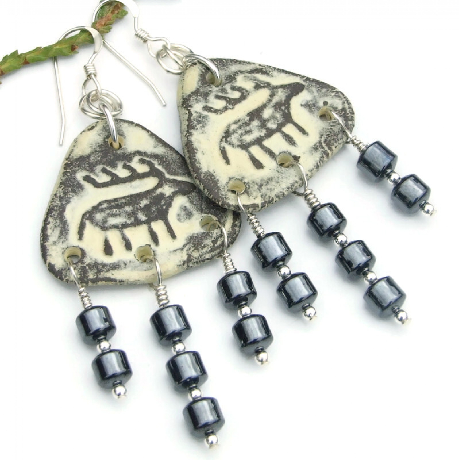 Petroglyph Deer Elk Earrings, Rustic Ceramic Hematite Handmade Jewelry ...