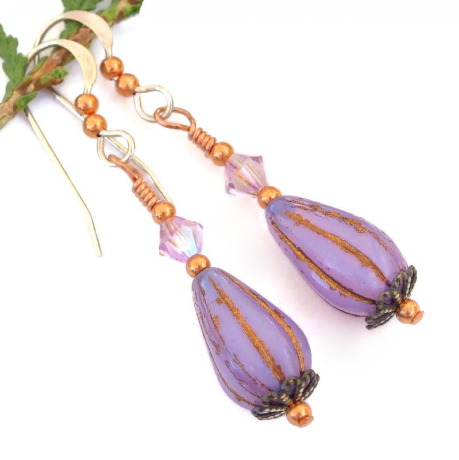 Lilac Purple Teardrop Earrings, Swarovski Handmade Rustic Jewelry Gift ...