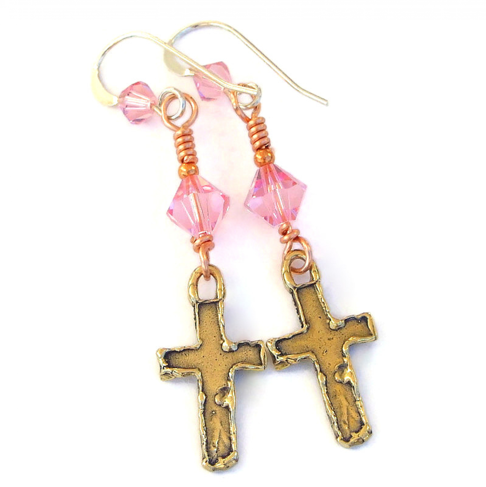 Cross Heart Earrings Bronze Pink Handmade Christian Religious Jewelry ...