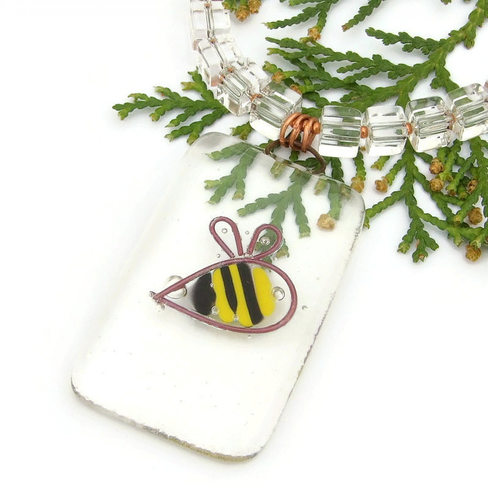 Bumblebee Bee Necklace, Fused Glass AAA Quartz Cubes Handmade Jewelry ...