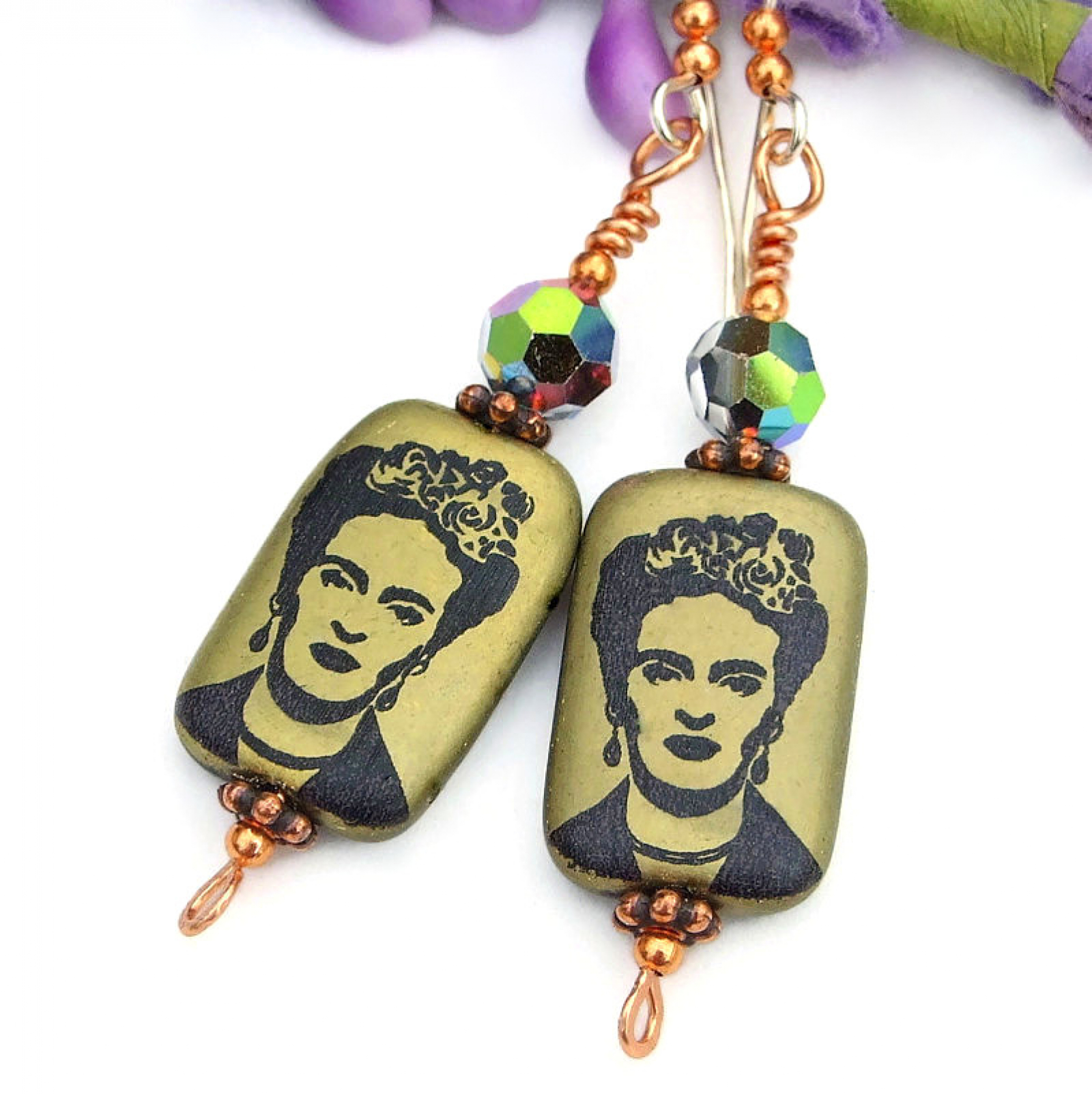 Frida Kahlo Earrings Black Gold Laser Etched Crystals Handmade Jewelry ...