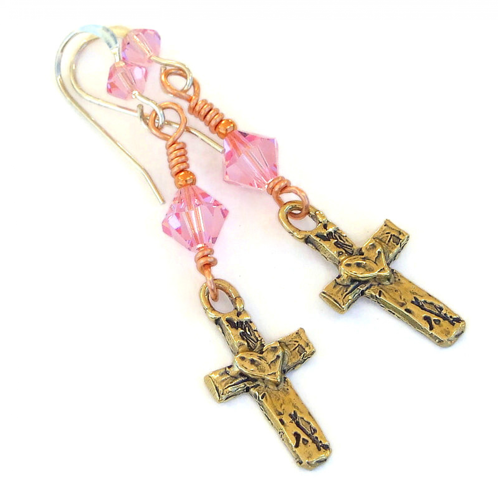 Cross Heart Earrings Bronze Pink Handmade Christian Religious Jewelry ...
