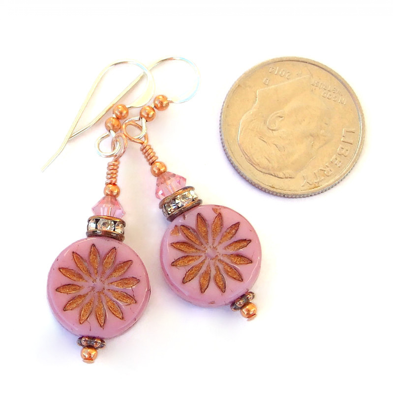 Flower Earrings Pink Bronze Swarovski Crystals Handmade Floral Jewelry ...