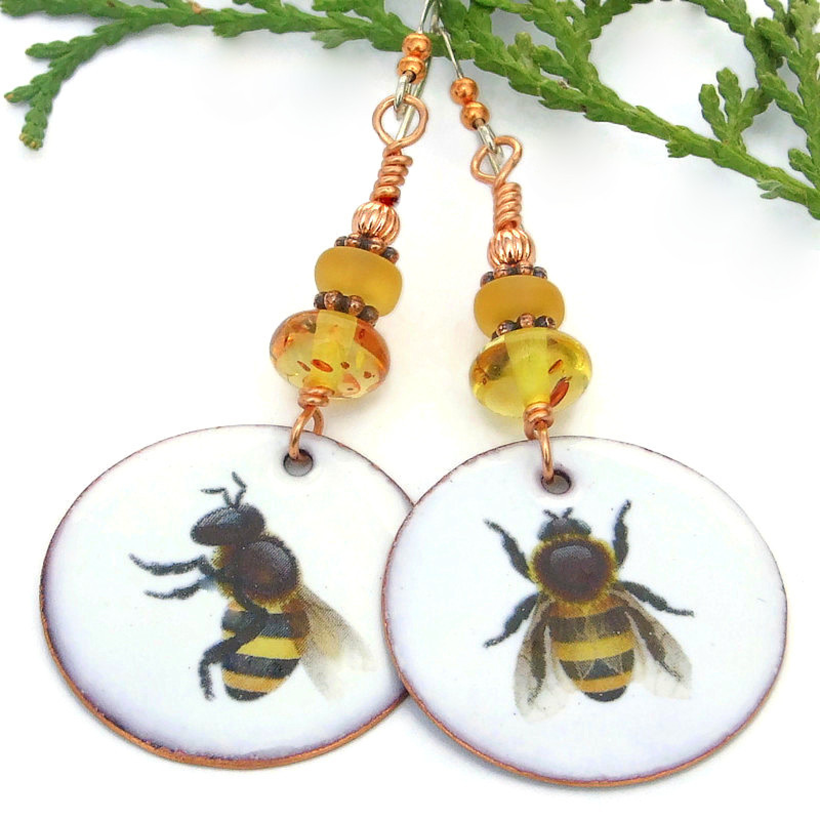 Bumble Bee Earrings, Enamel Amber Artisan Handmade Bee Lover Jewelry ...