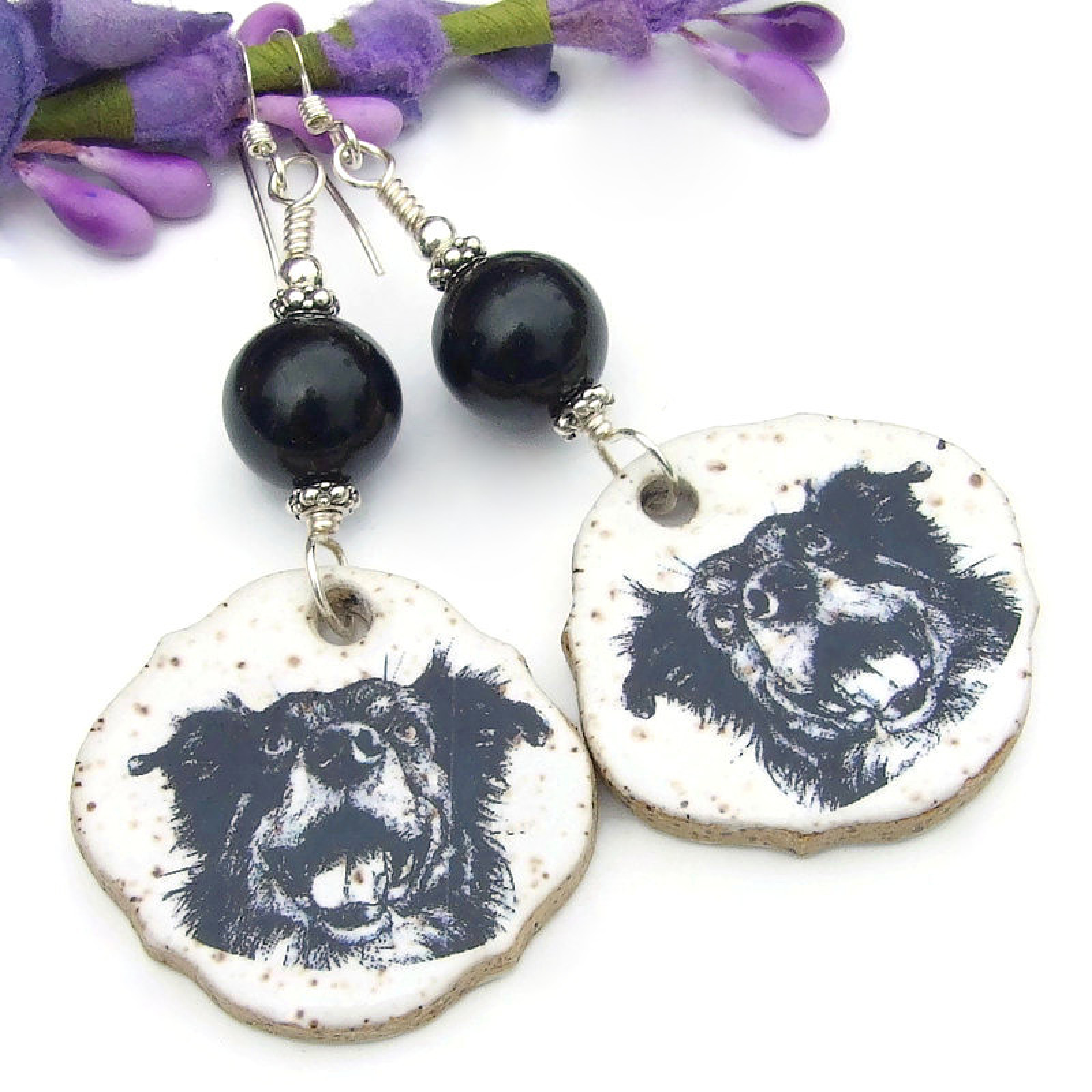 Happy Dogs Earrings, Black White Ceramic Handmade Dog Lover Jewelry ...