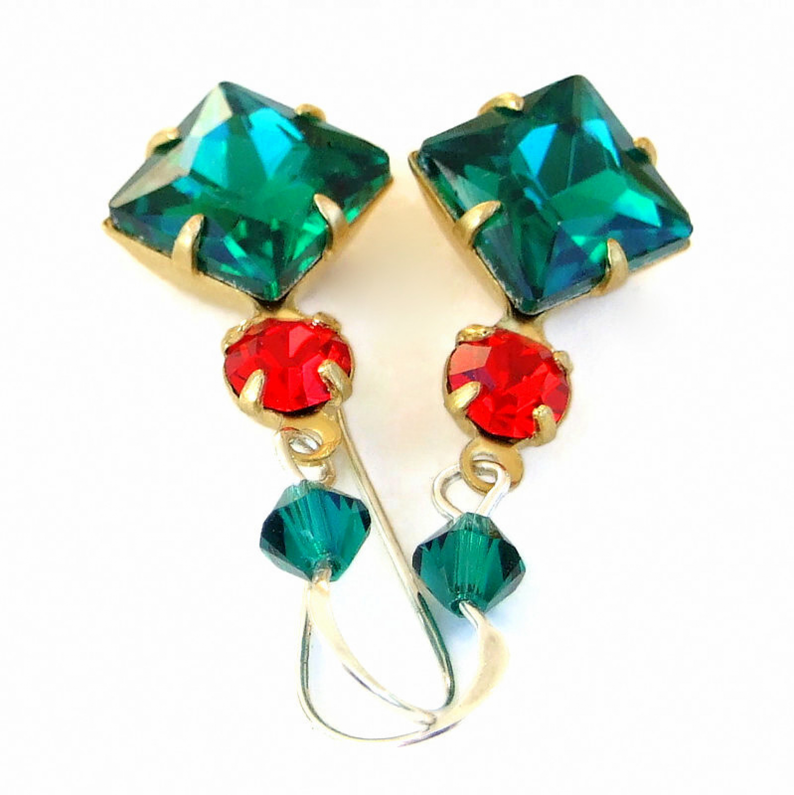 Green Red Christmas Earrings Vintage Crystals Handmade Holiday Jewelry ...