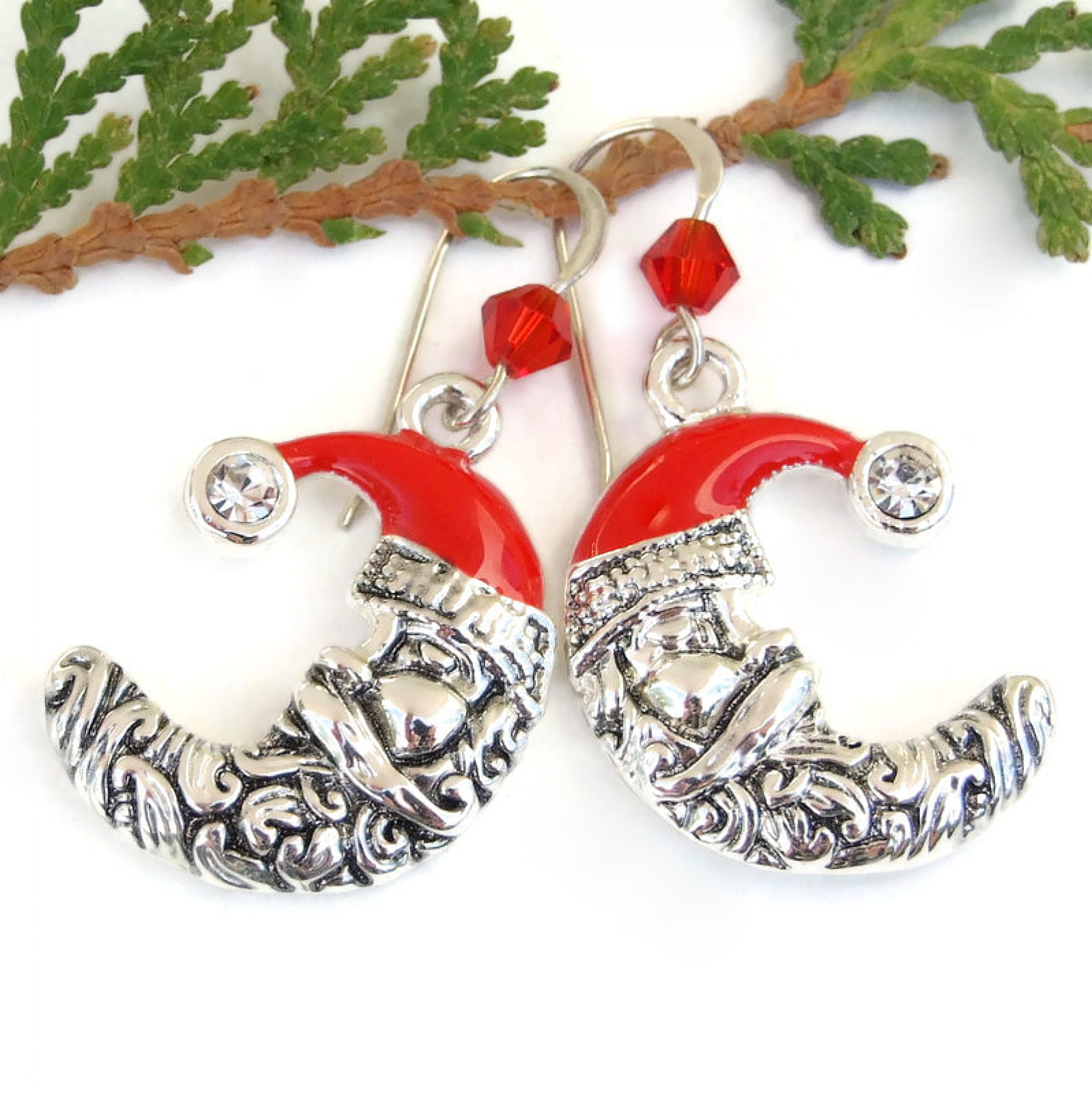 Santa Moons Christmas Earrings, Red Silver Handmade Holiday Jewelry ...