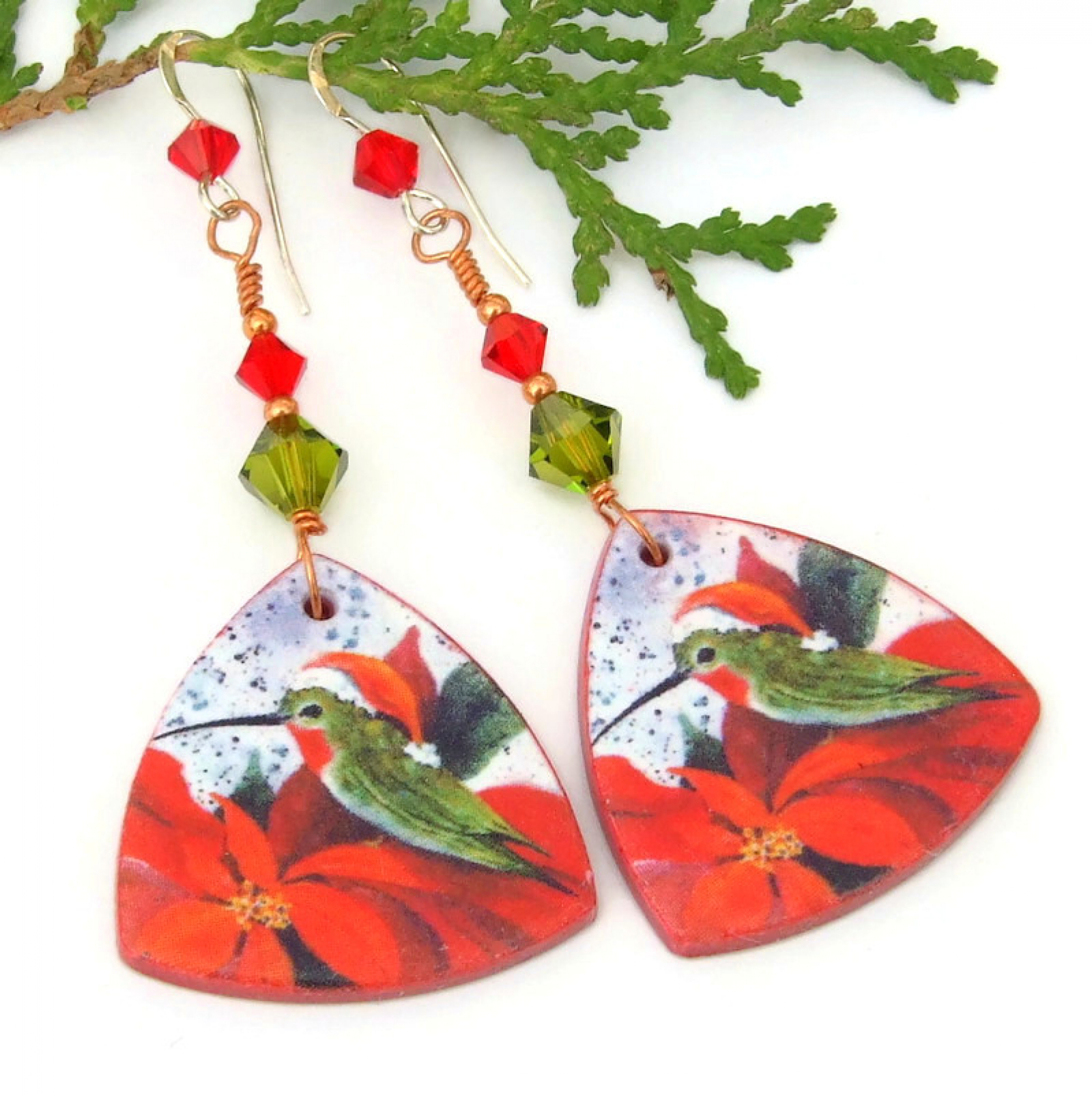 Christmas Hummingbird Earrings Santa Poinsettias Handmade Jewelry Gift ...