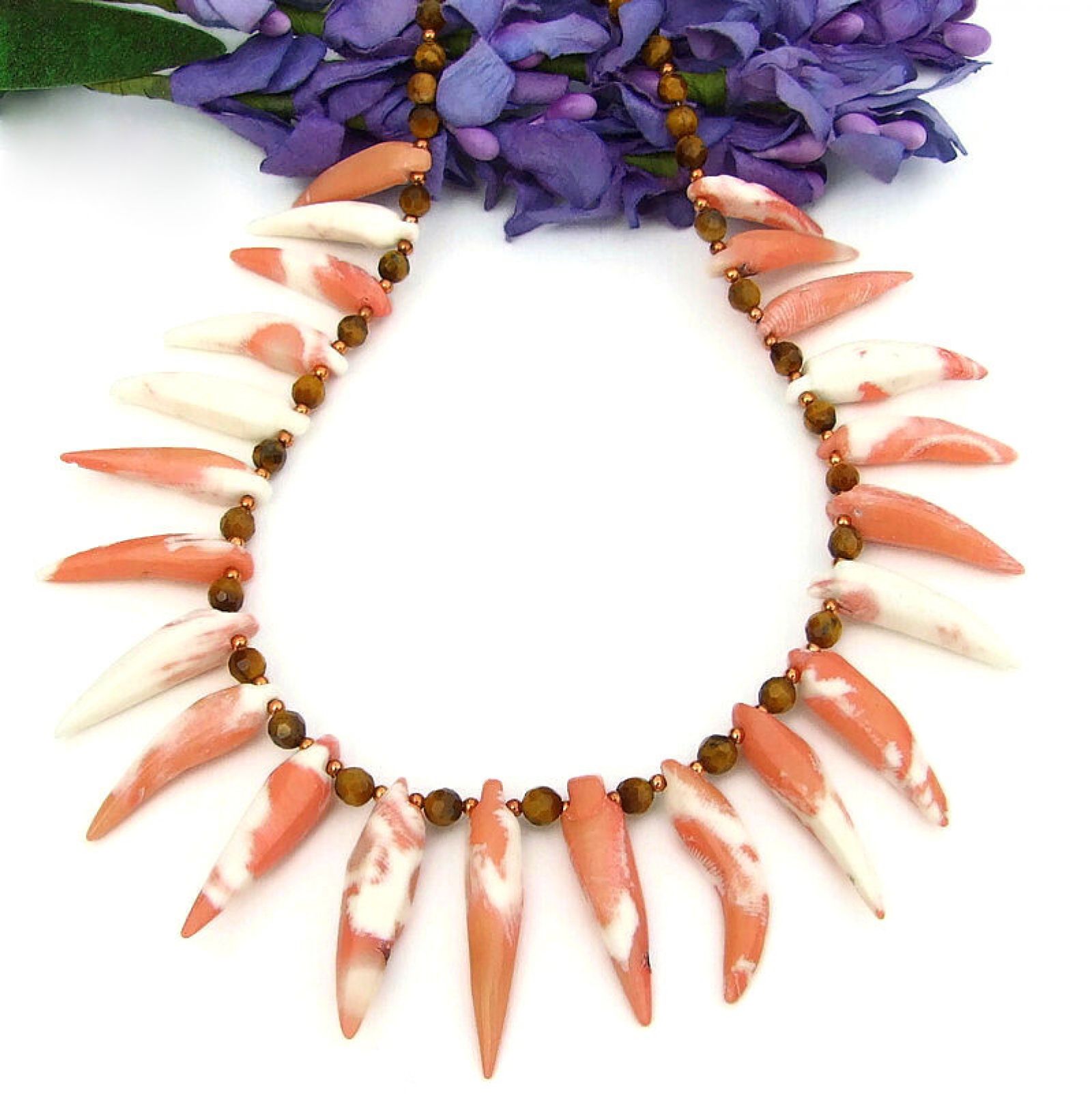 Pink White Coral Spikes Necklace, Golden Tigers Eye Handmade Jewelry ...