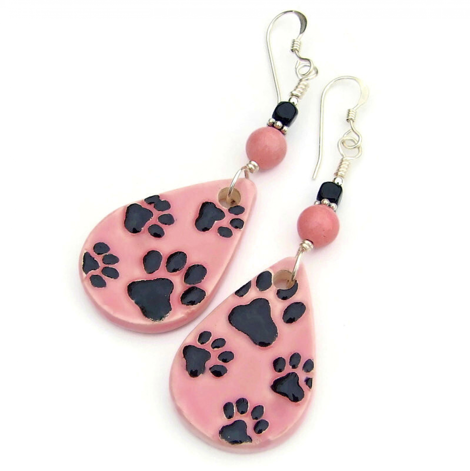 Paw Print Dog Lover Earrings, Black Pink Ceramic Handmade Jewelry Gift ...