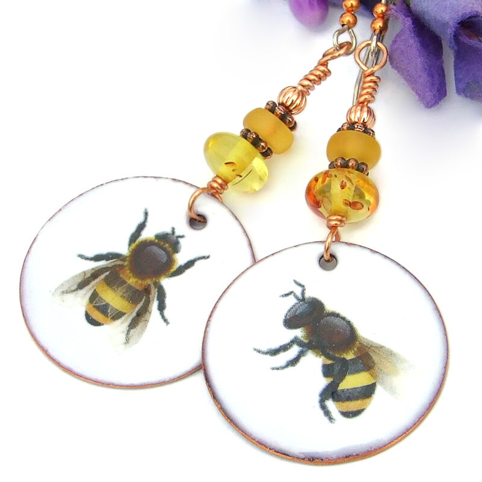 Bumble Bee Earrings, Enamel Amber Artisan Handmade Bee Lover Jewelry ...