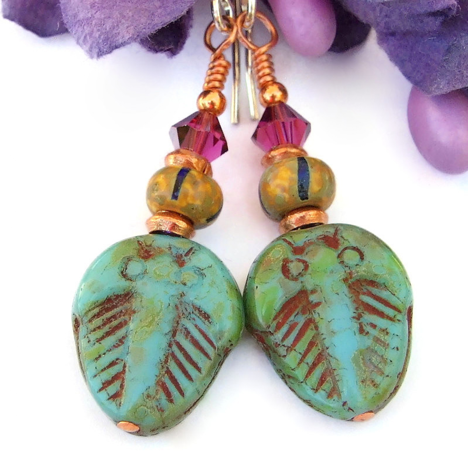 Trilobite Earrings, Turquoise Tan Fuchsia Swarovski Handmade Jewelry ...