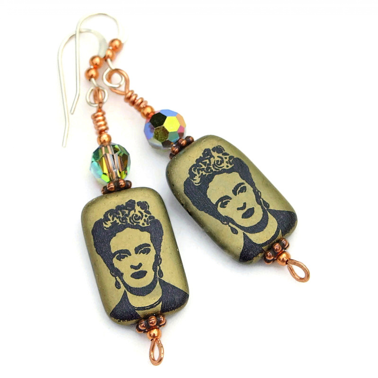 Frida Kahlo Earrings Black Gold Laser Etched Crystals Handmade Jewelry ...