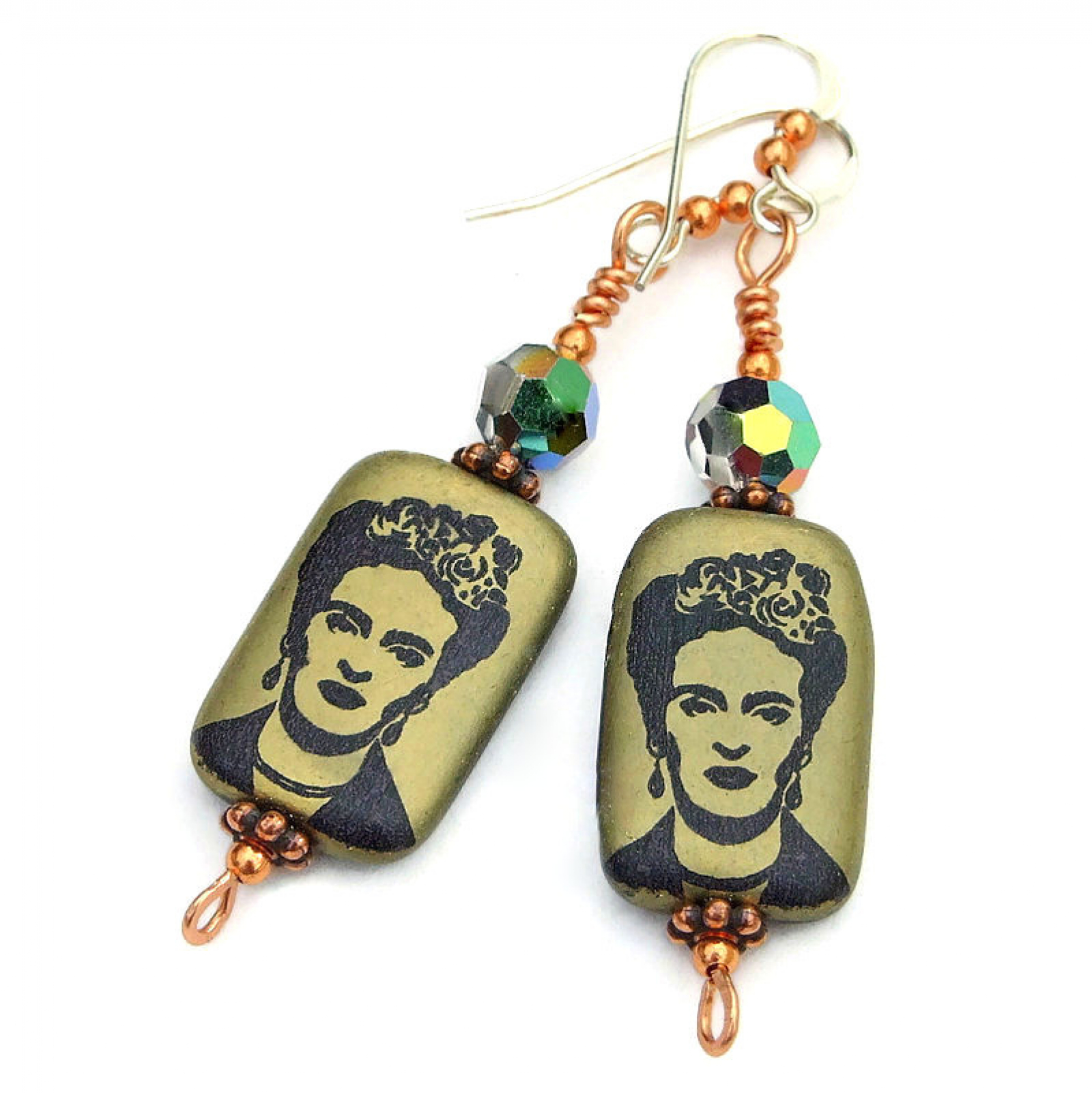 Frida Kahlo Earrings Black Gold Laser Etched Crystals Handmade Jewelry ...