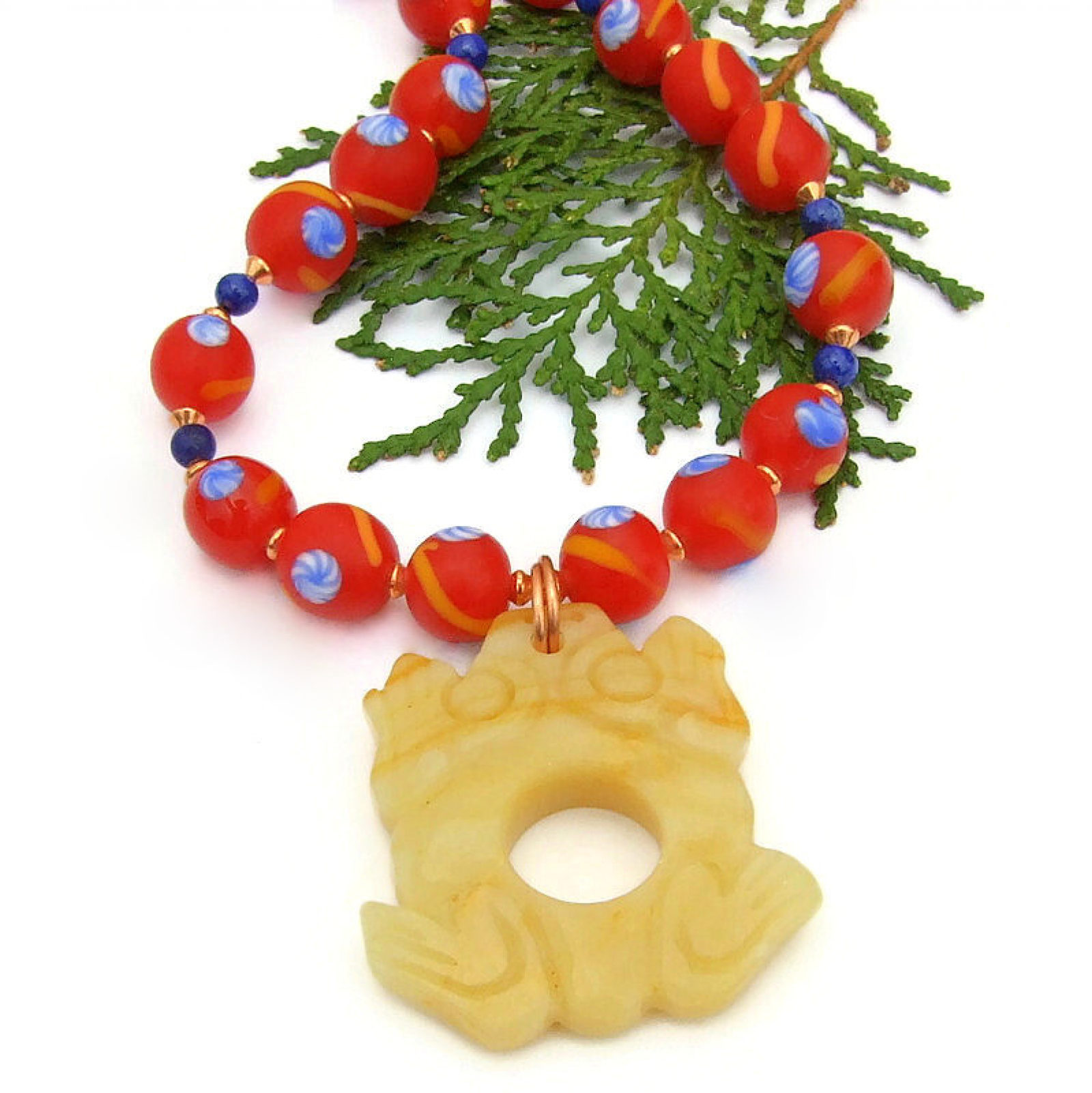 Good Luck Frog Necklace, Aventurine Red Java Glass Handmade Jewelry ...