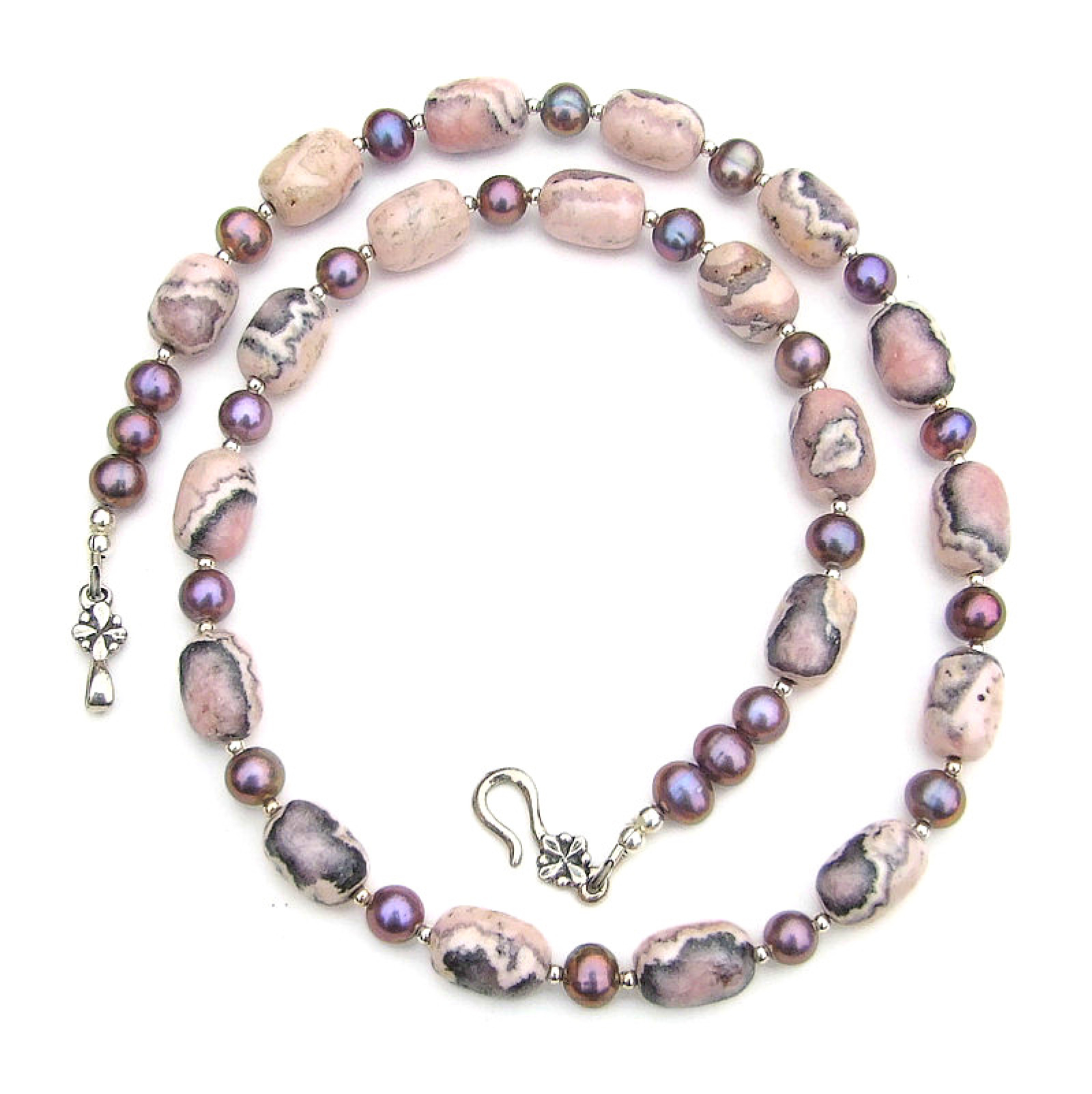 Rhodochrosite Gemstone Necklace, Peacock Pearls Handmade Jewelry Gift ...