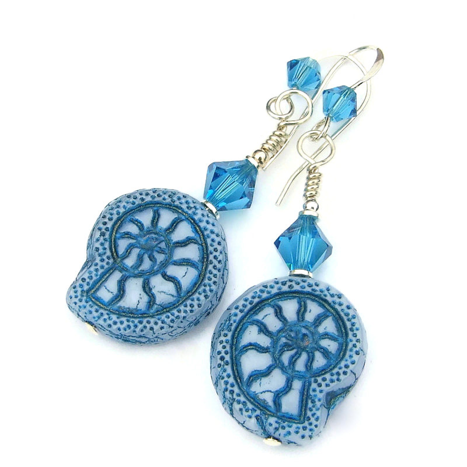 Fossil Spiral Shell Earrings, Blue Ammonite Crystals Handmade Jewelry ...