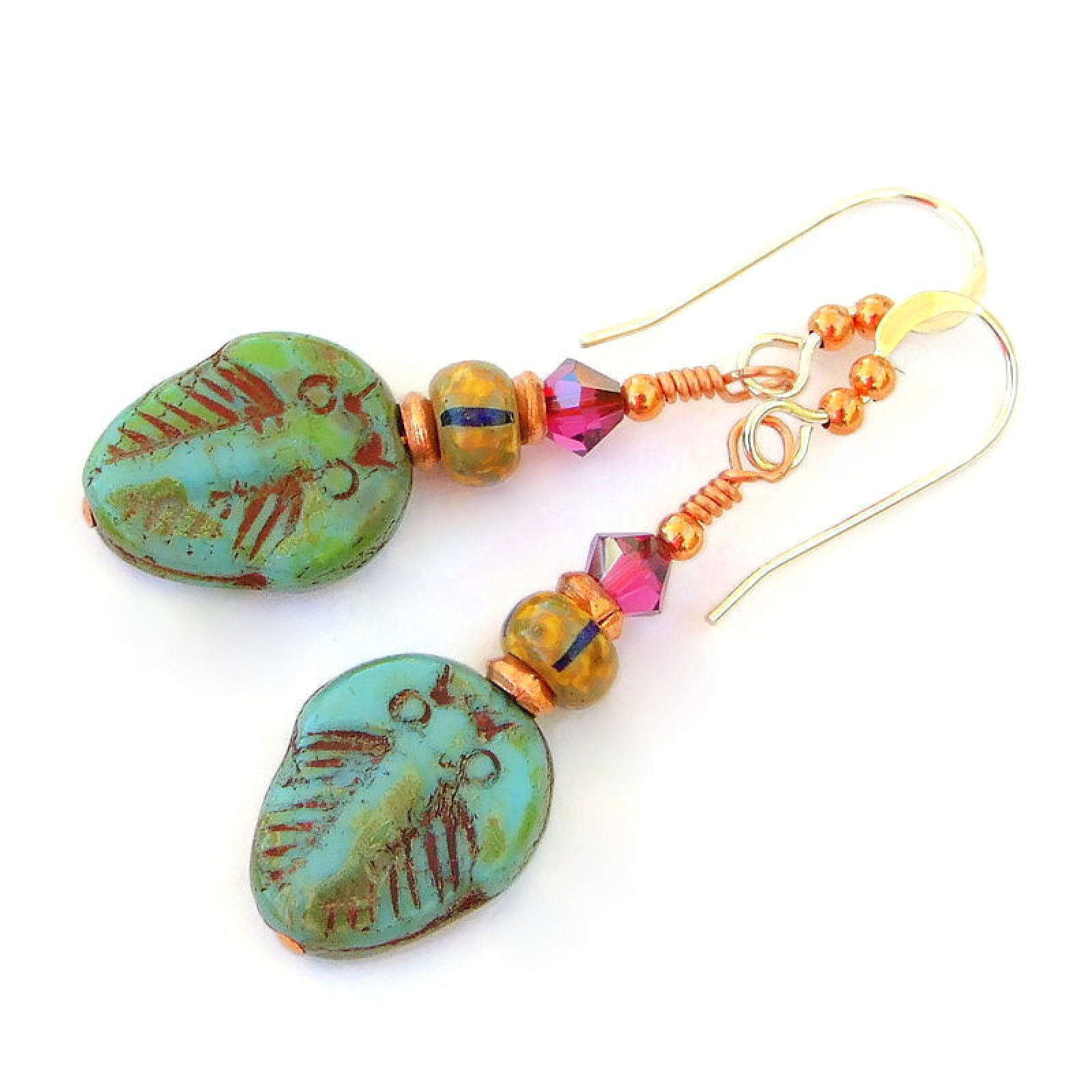 Trilobite Earrings, Turquoise Tan Fuchsia Swarovski Handmade Jewelry ...