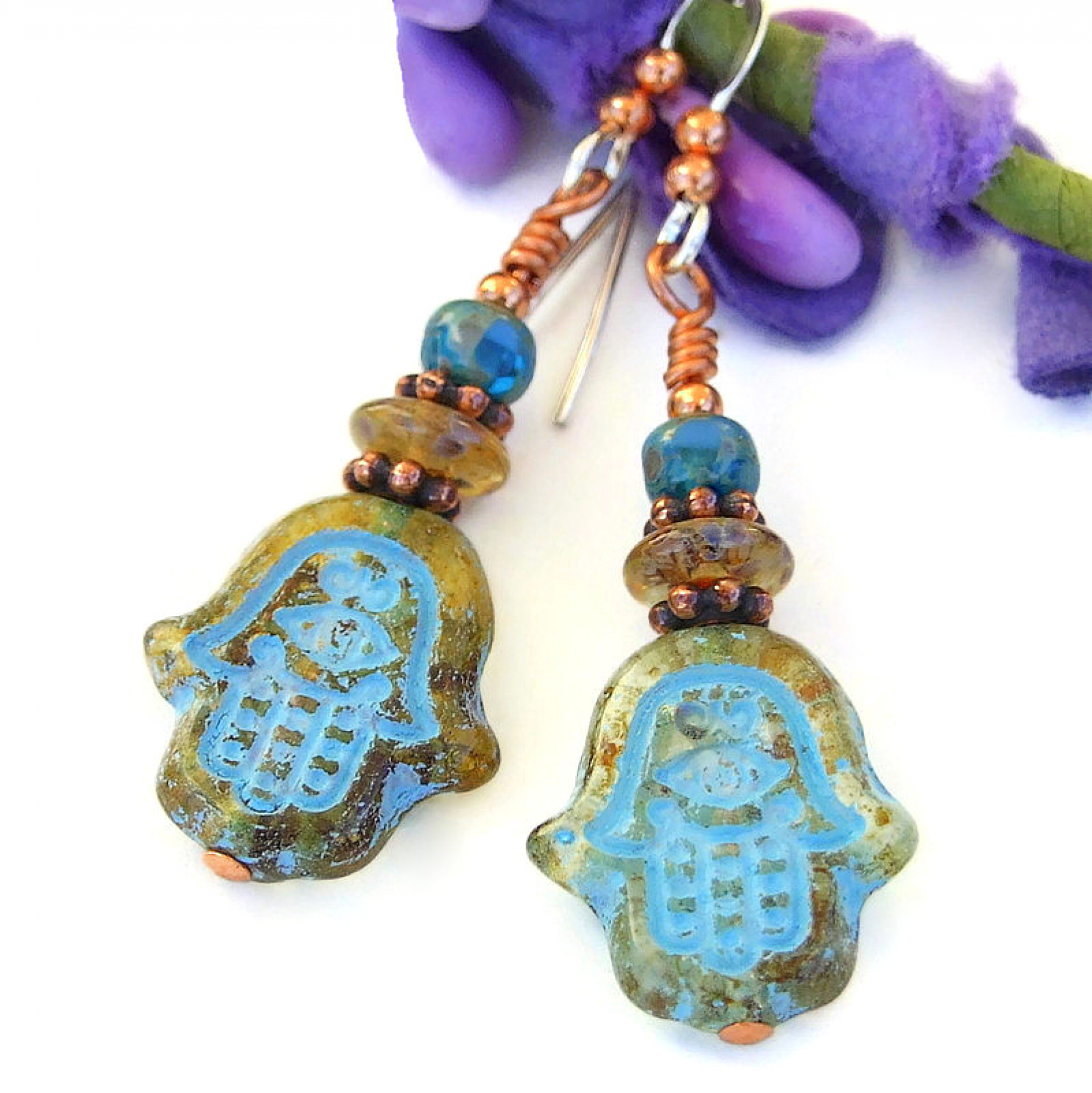 Hamsa Hand Earrings, Turquoise Amber Handmade Good Luck Peace Jewelry ...