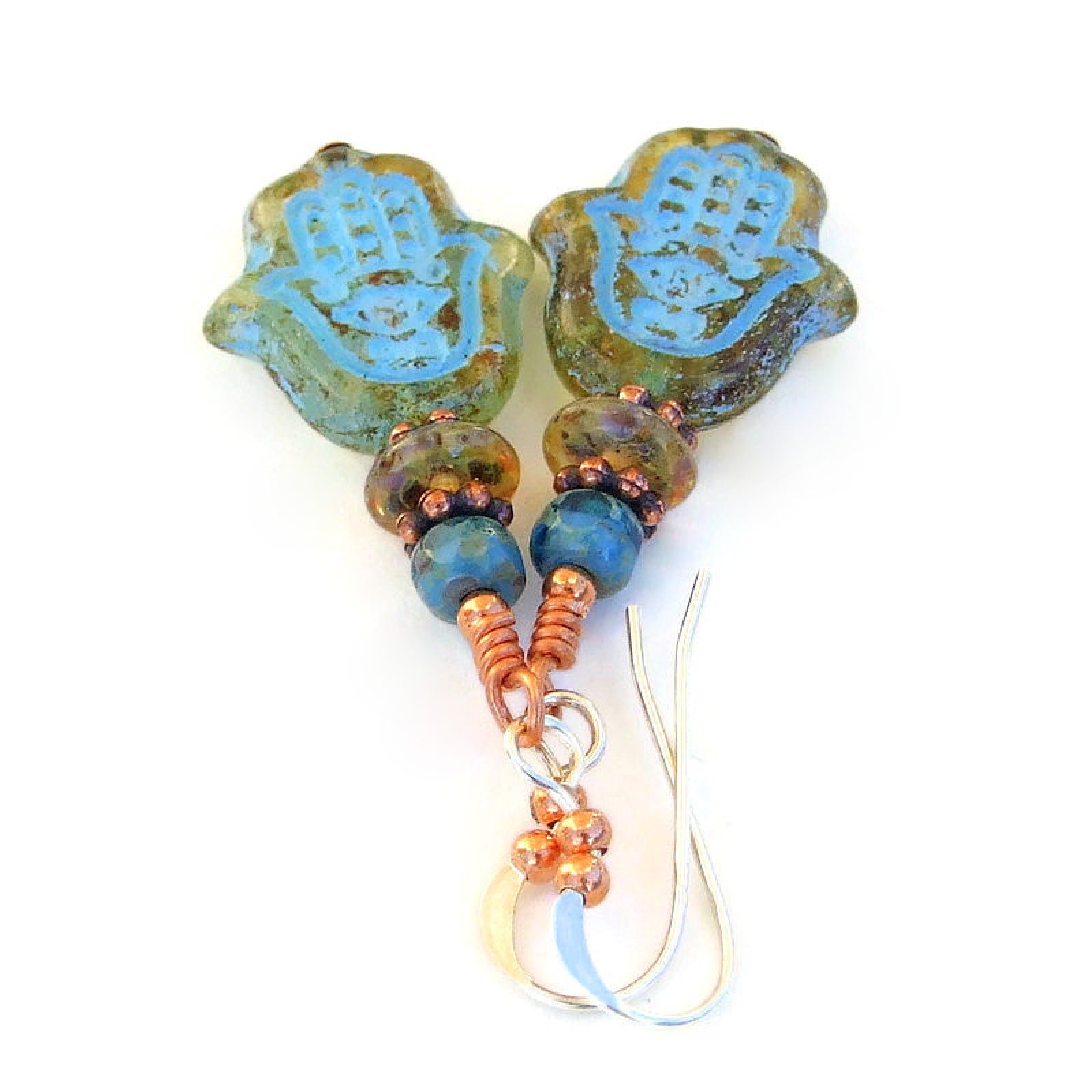 Hamsa Hand Earrings, Turquoise Amber Handmade Good Luck Peace Jewelry ...