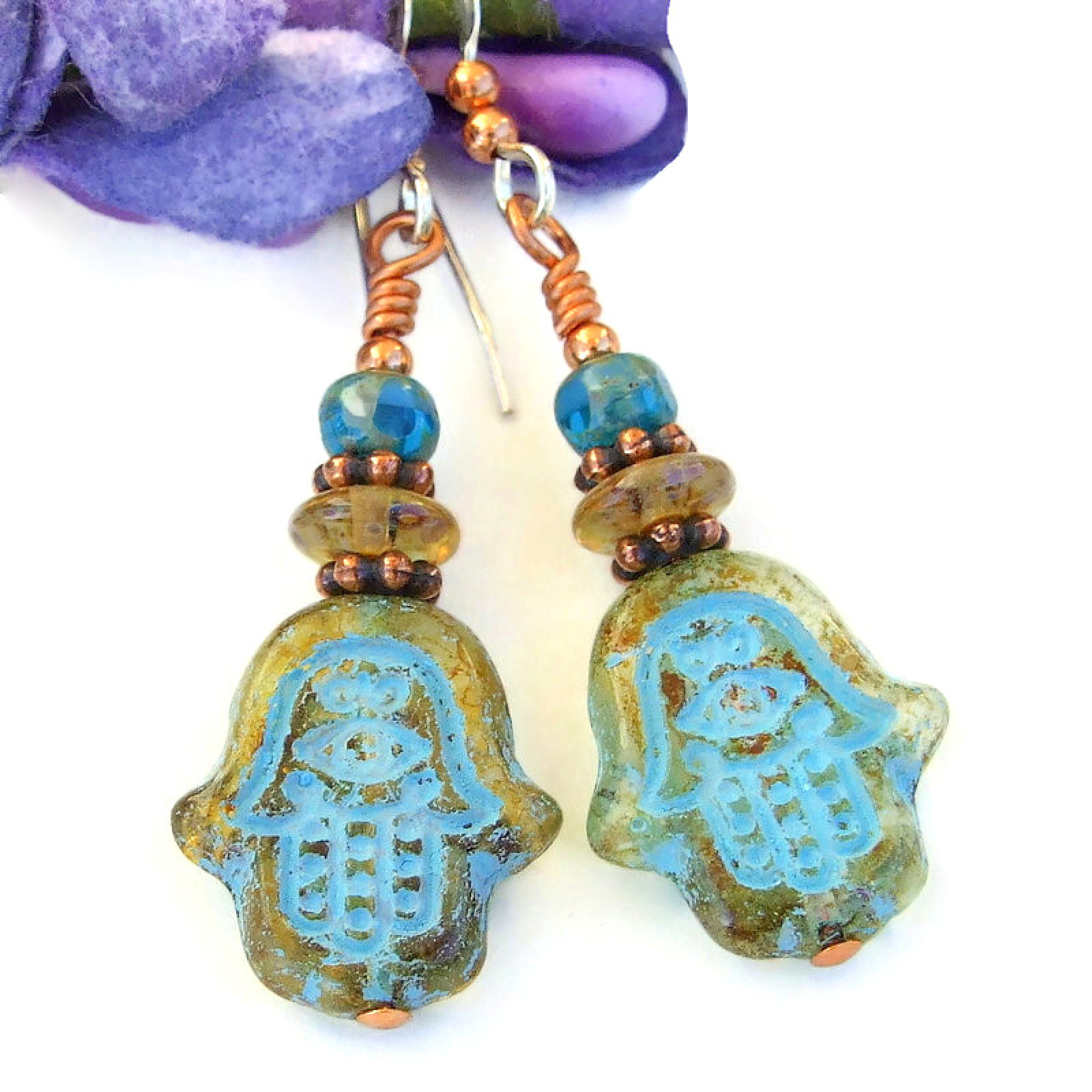 Hamsa Hand Earrings, Turquoise Amber Handmade Good Luck Peace Jewelry ...
