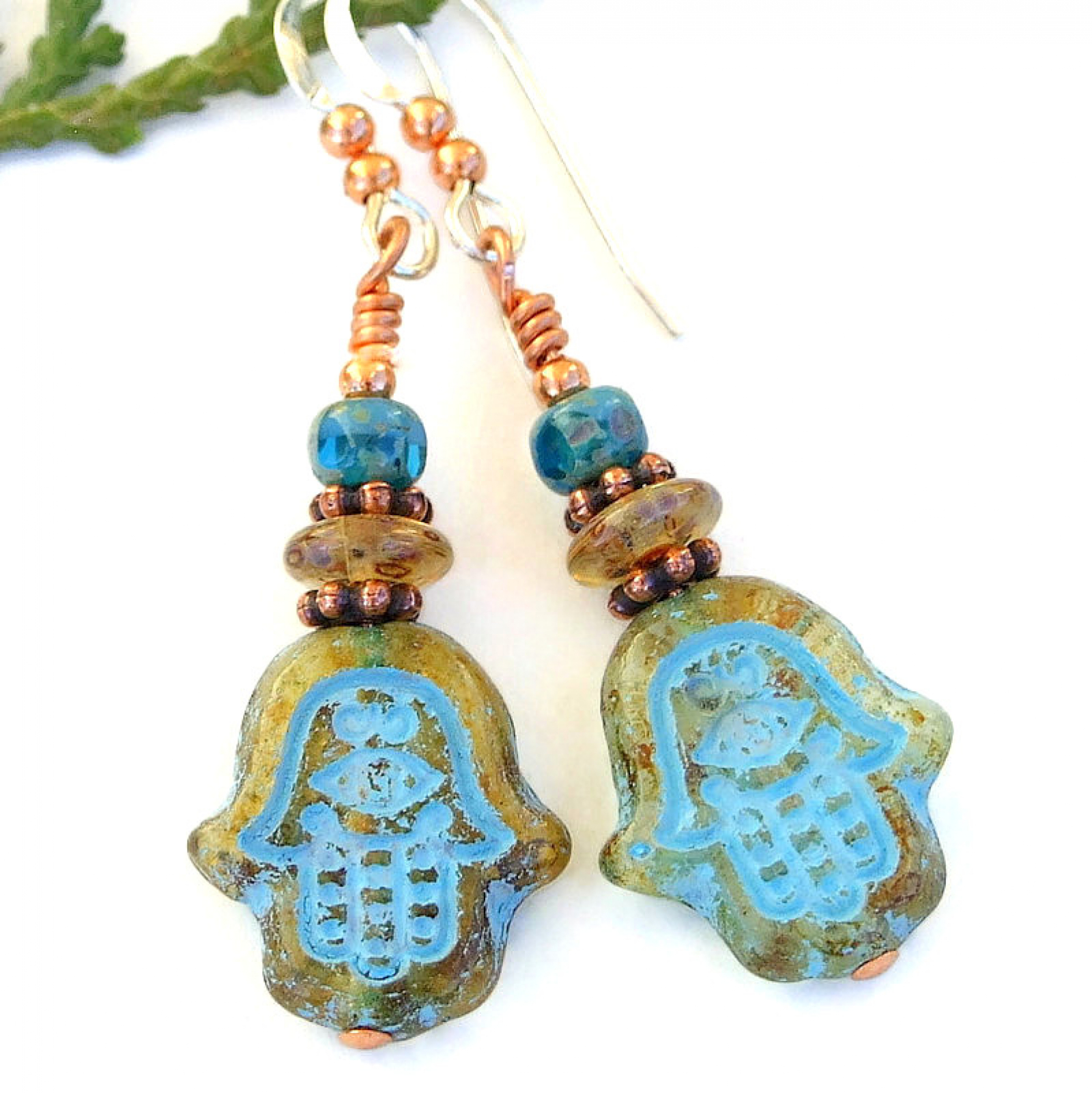 Hamsa Hand Earrings, Turquoise Amber Handmade Good Luck Peace Jewelry ...