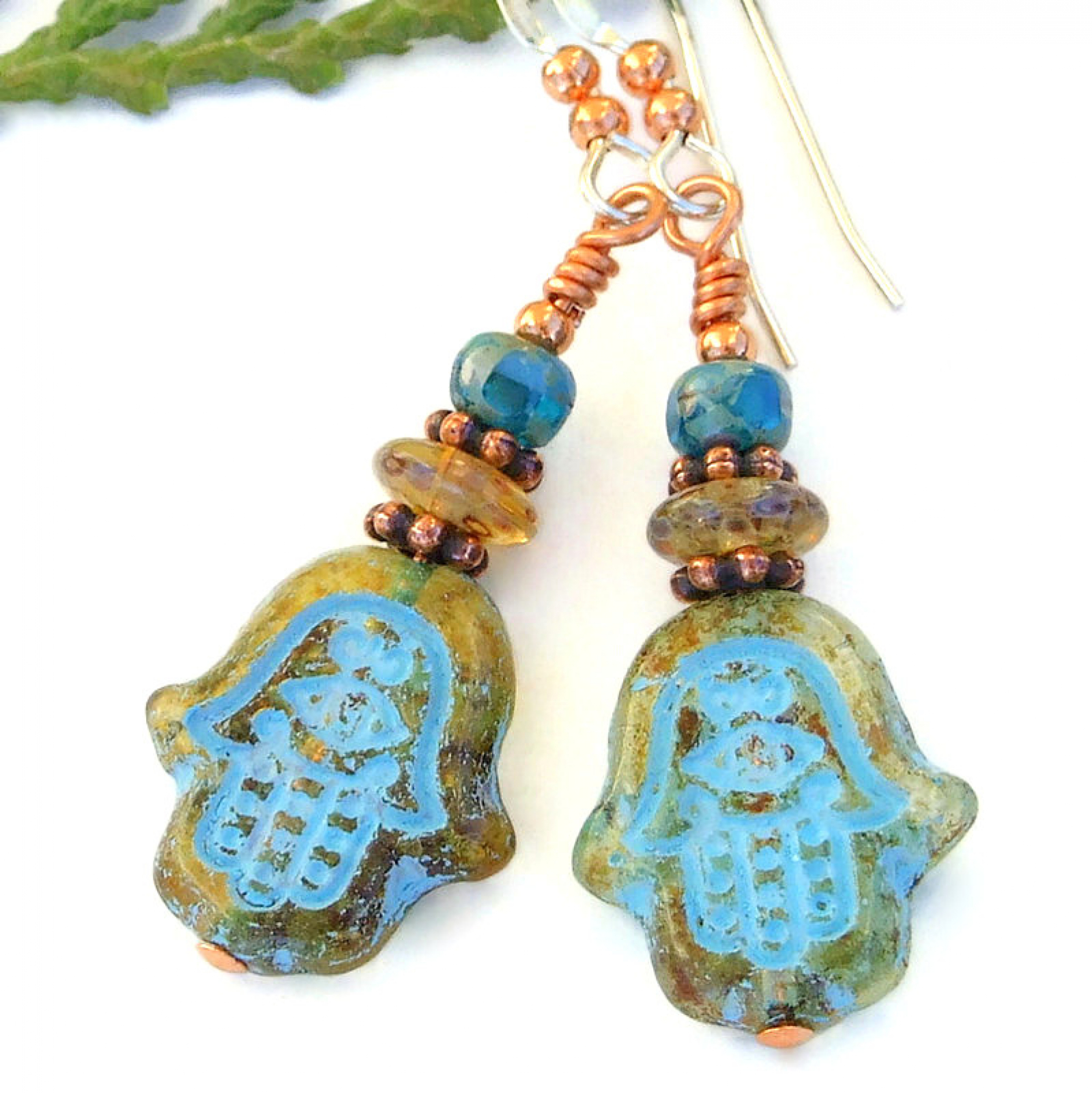 Hamsa Hand Earrings, Turquoise Amber Handmade Good Luck Peace Jewelry ...
