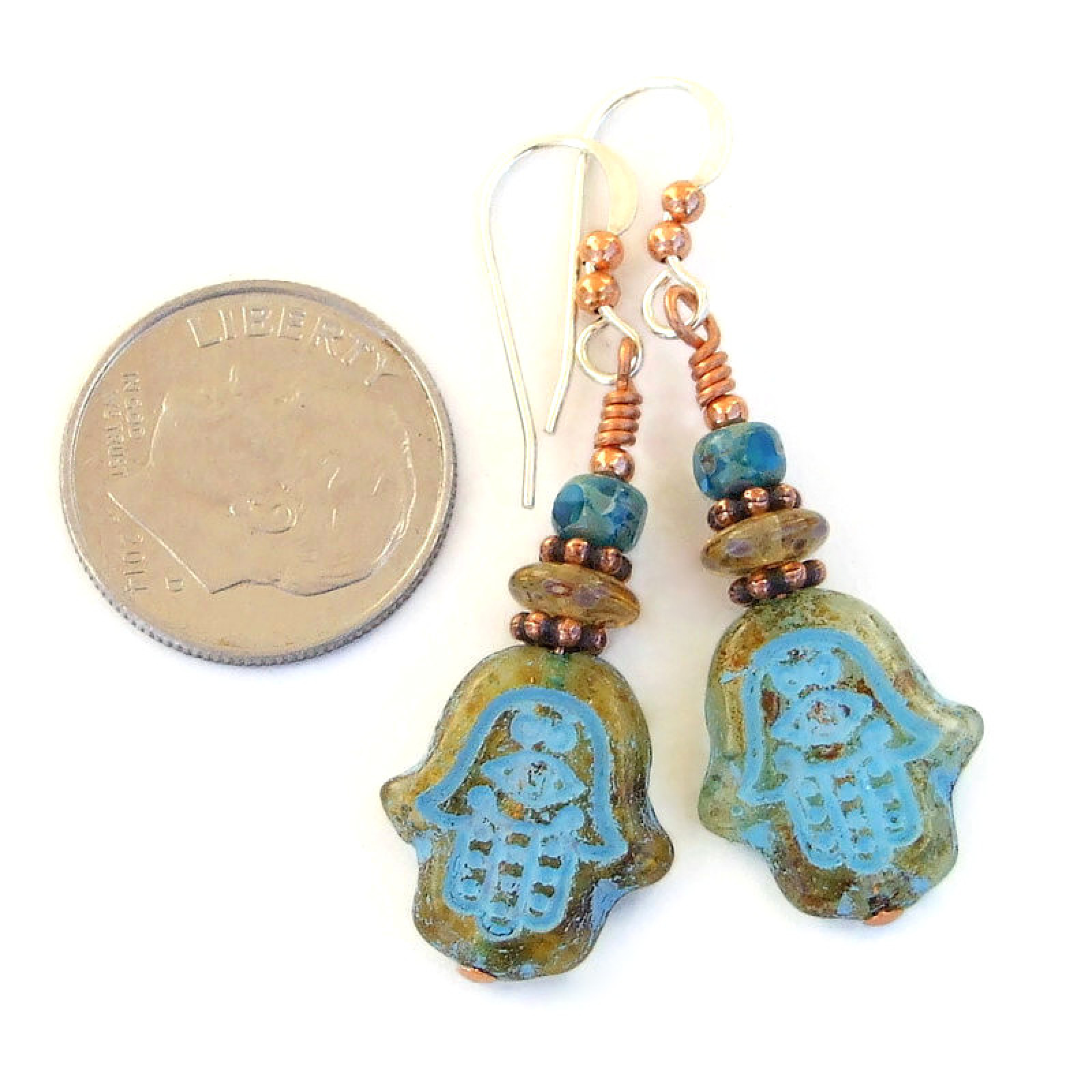 Hamsa Hand Earrings, Turquoise Amber Handmade Good Luck Peace Jewelry | Shadow Dog Designs