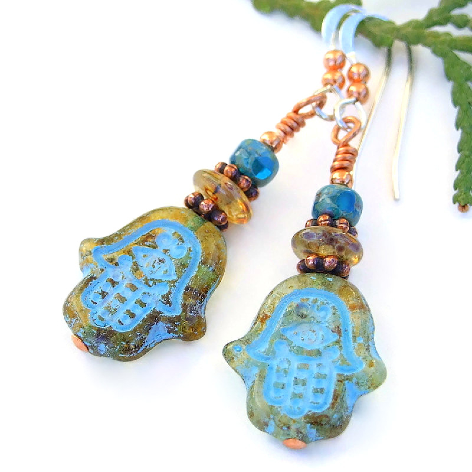 Hamsa Hand Earrings, Turquoise Amber Handmade Good Luck Peace Jewelry ...