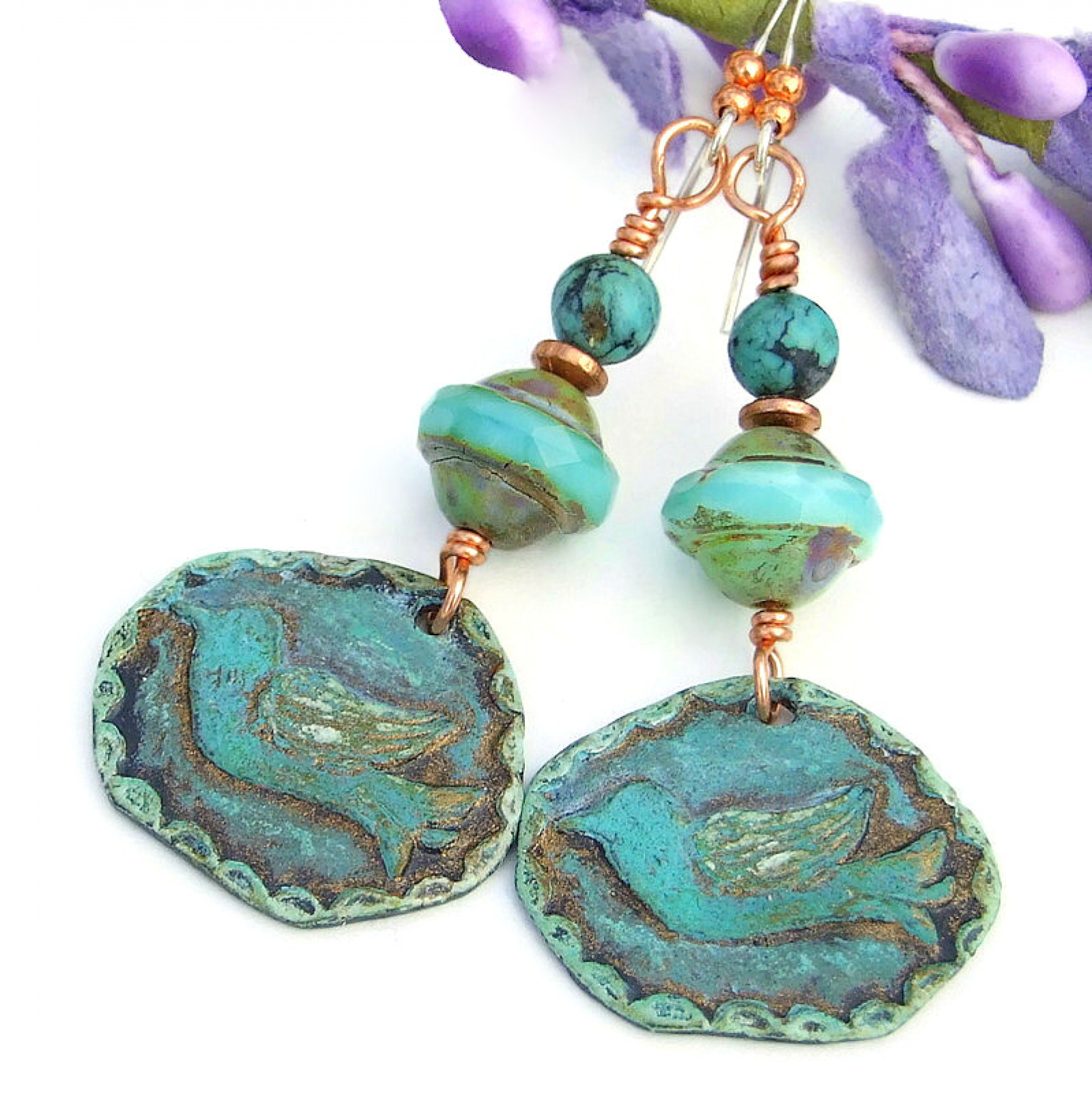 Rustic Bird Earrings Hand Painted Turquoise Aqua Handmade Jewelry Gift ...