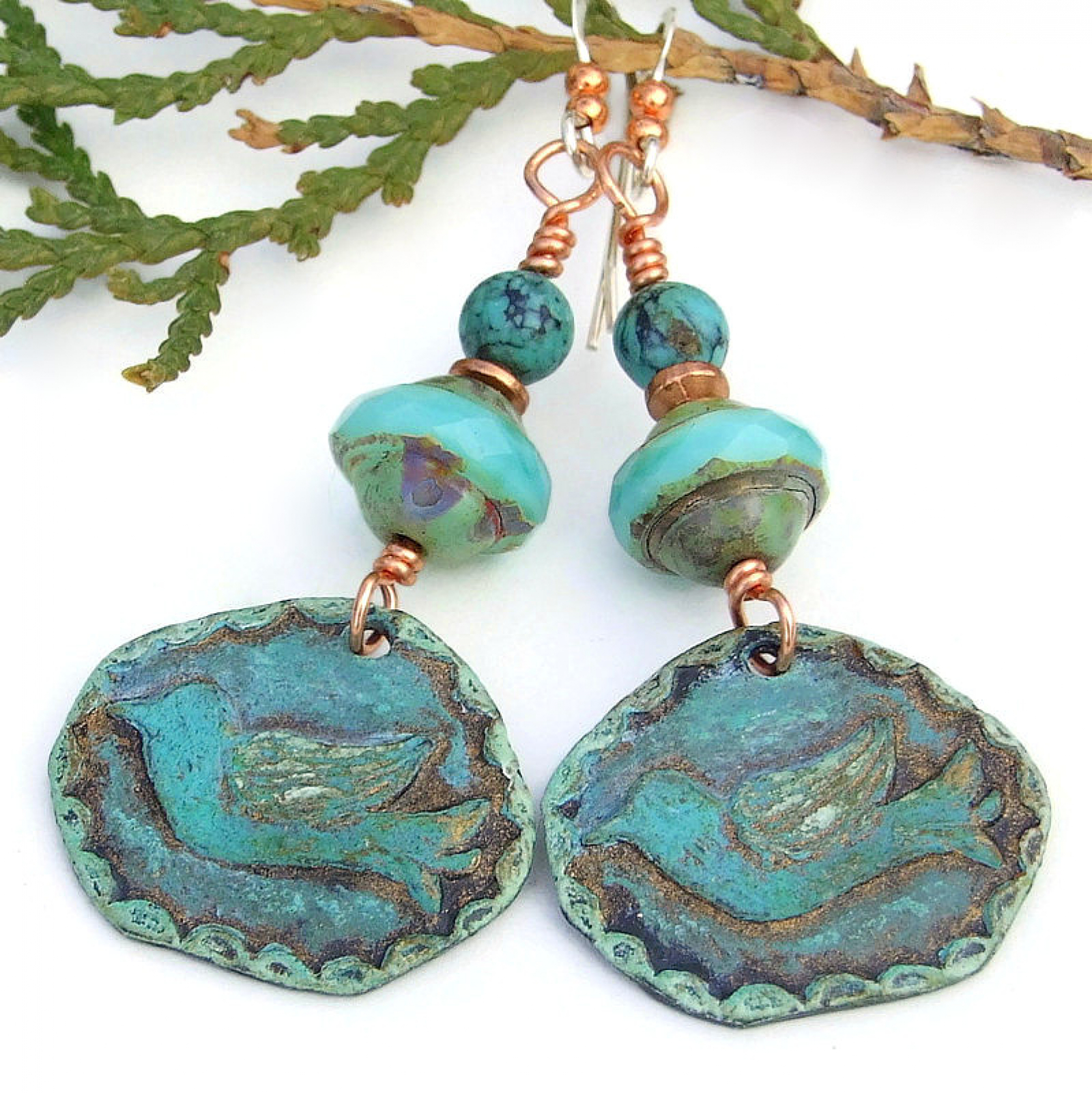 Rustic Bird Earrings Hand Painted Turquoise Aqua Handmade Jewelry Gift ...