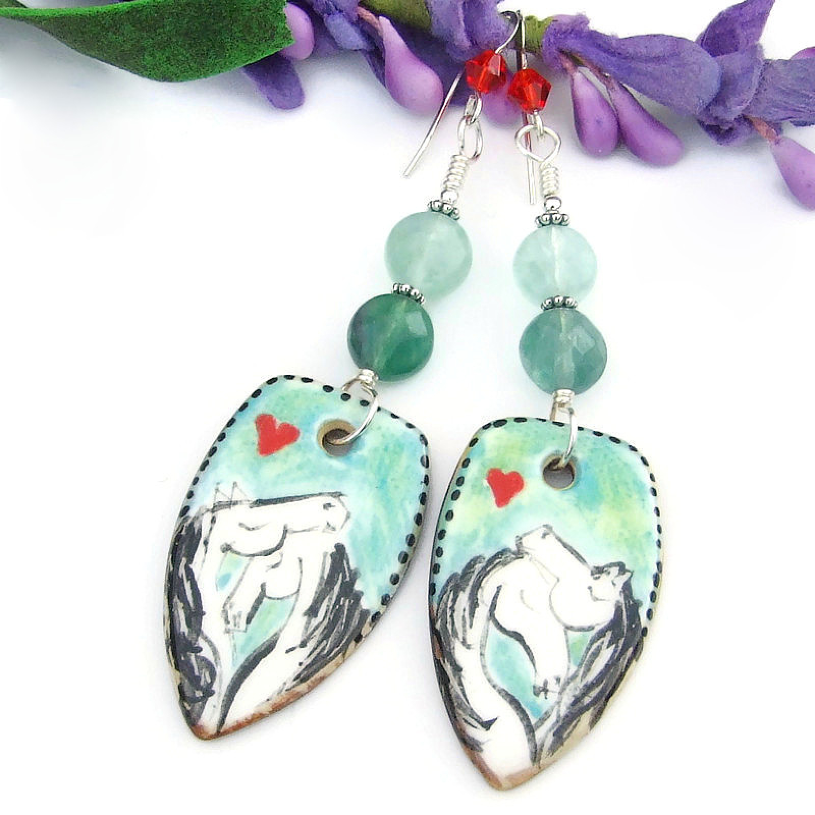 Horse Lover Earrings, Hand Painted Horses Hearts Handmade Art Jewelry ...
