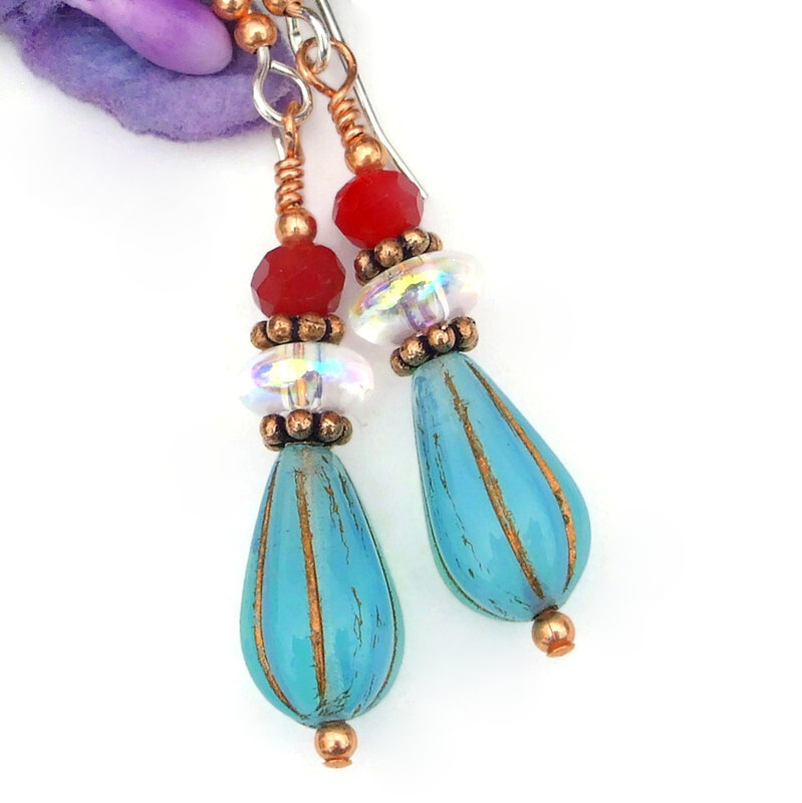 Aqua Blue Opaline Teardrop Earrings Clear Red Handmade Petite Earrings ...