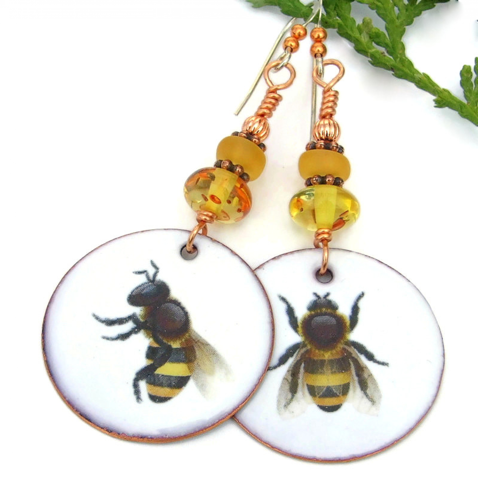 Bumble Bee Earrings, Enamel Amber Artisan Handmade Bee Lover Jewelry ...