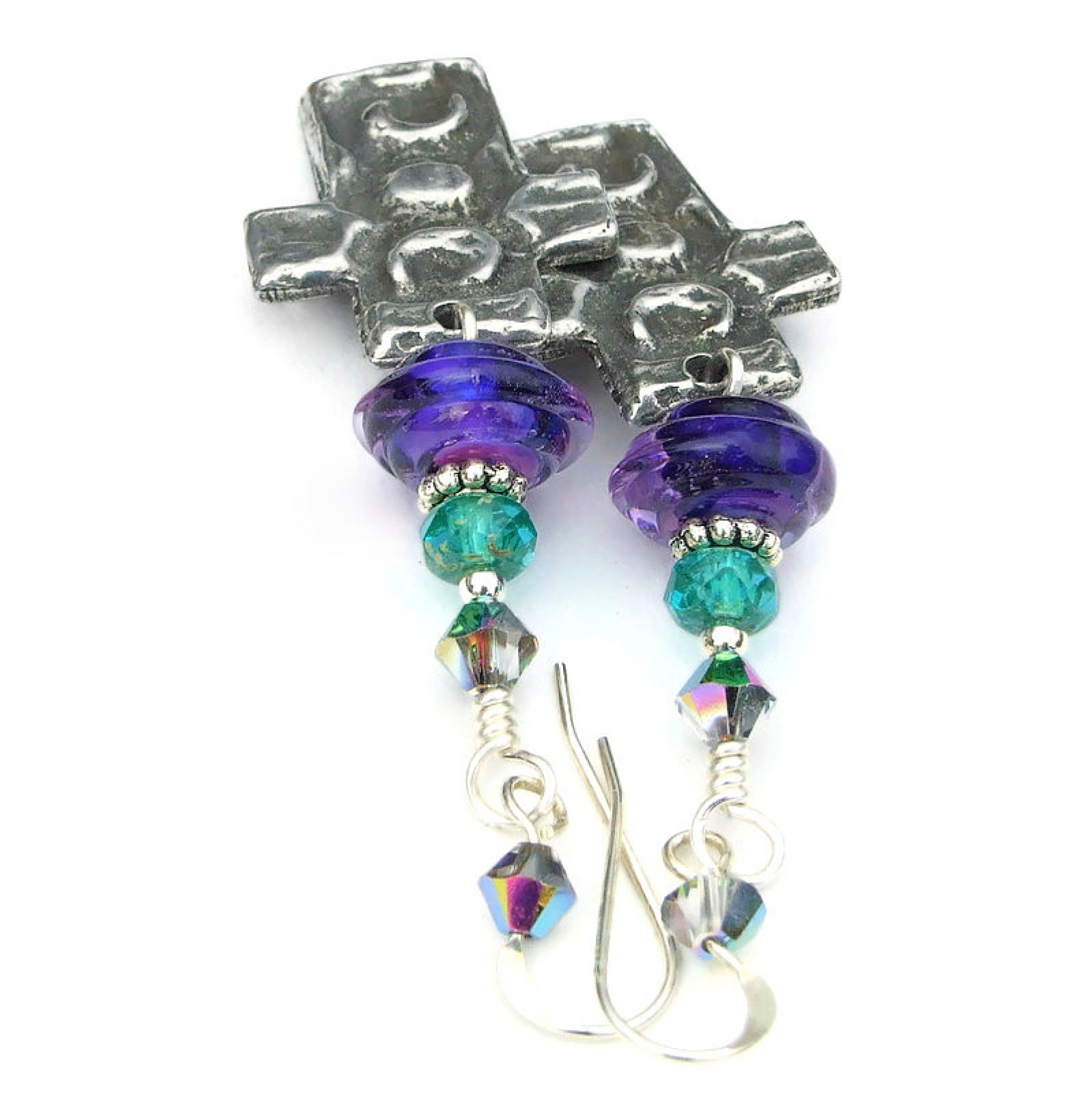 Crosses Moons Earrings Purple Lampwork Aqua Handmade Symbolic Jewelry ...