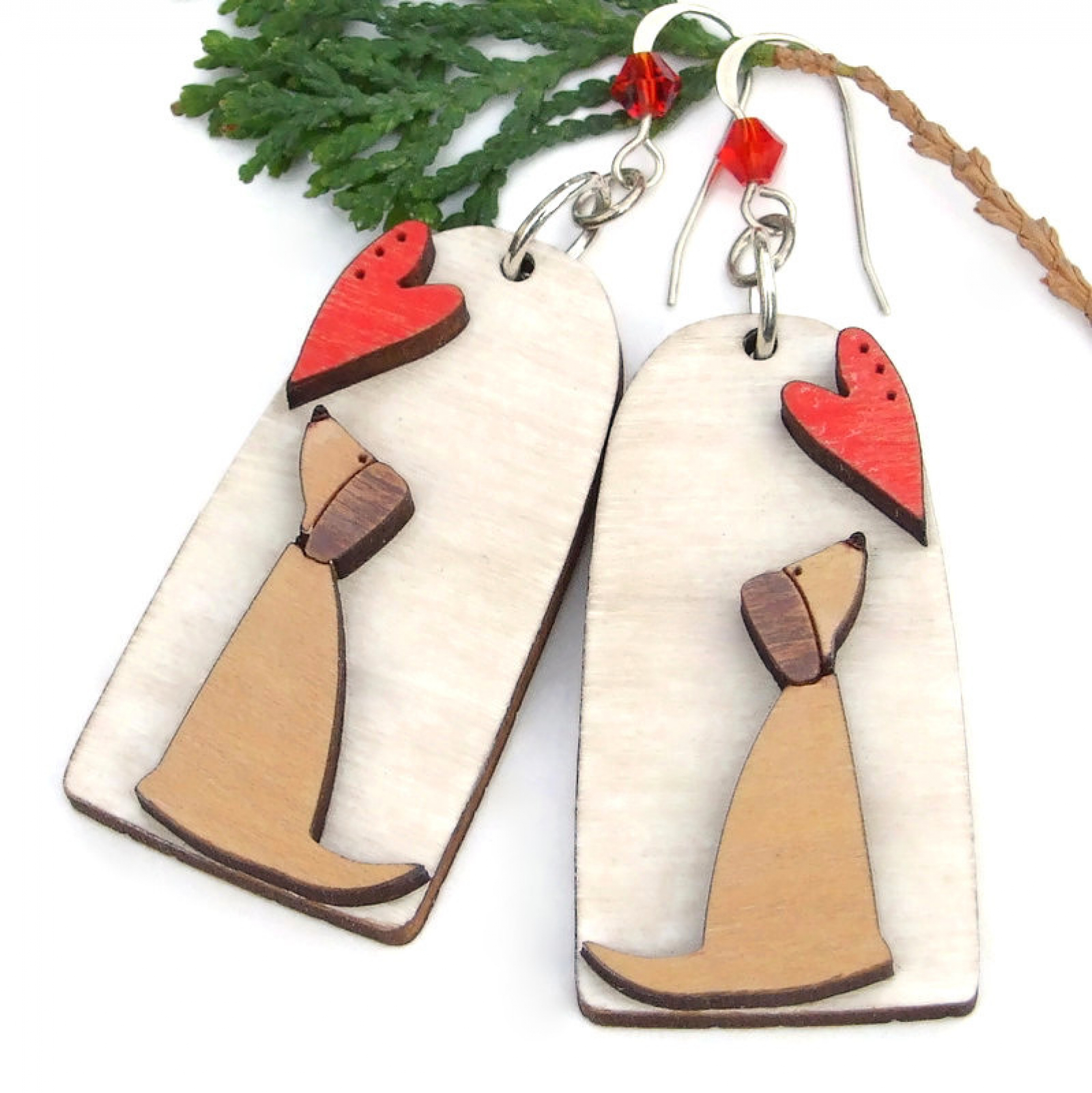 Dog Love Earrings, Hearts Lightweight Wood Crystals Handmade Jewelry ...