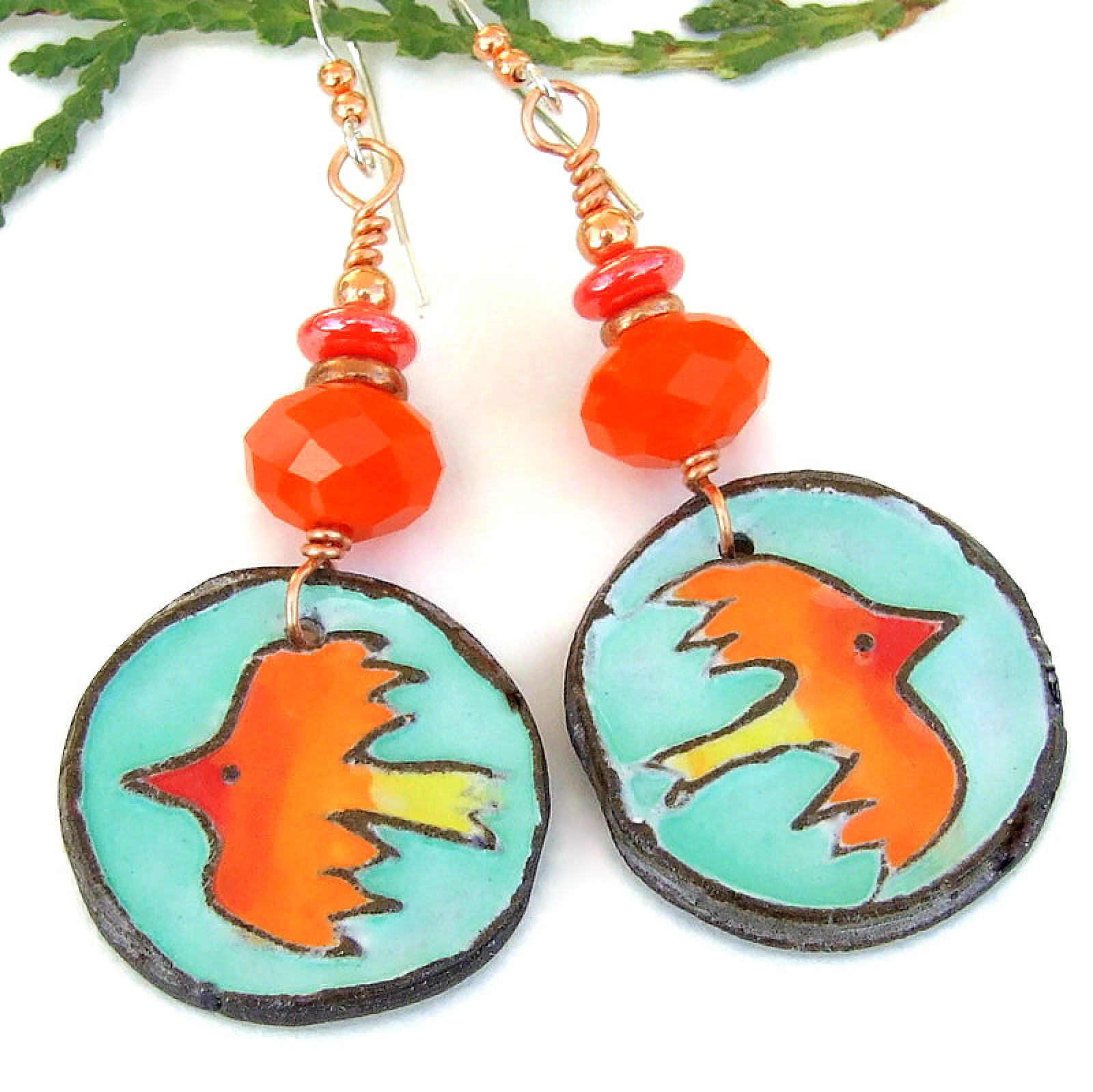 Firebird Earrings, Rustic Ceramic Colorful Handmade Bird Lover Jewelry ...