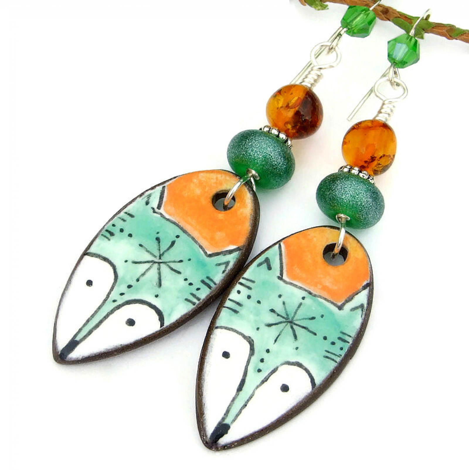 Fox Face Earrings, Hand Painted Ceramic Green Orange Handmade Jewelry ...