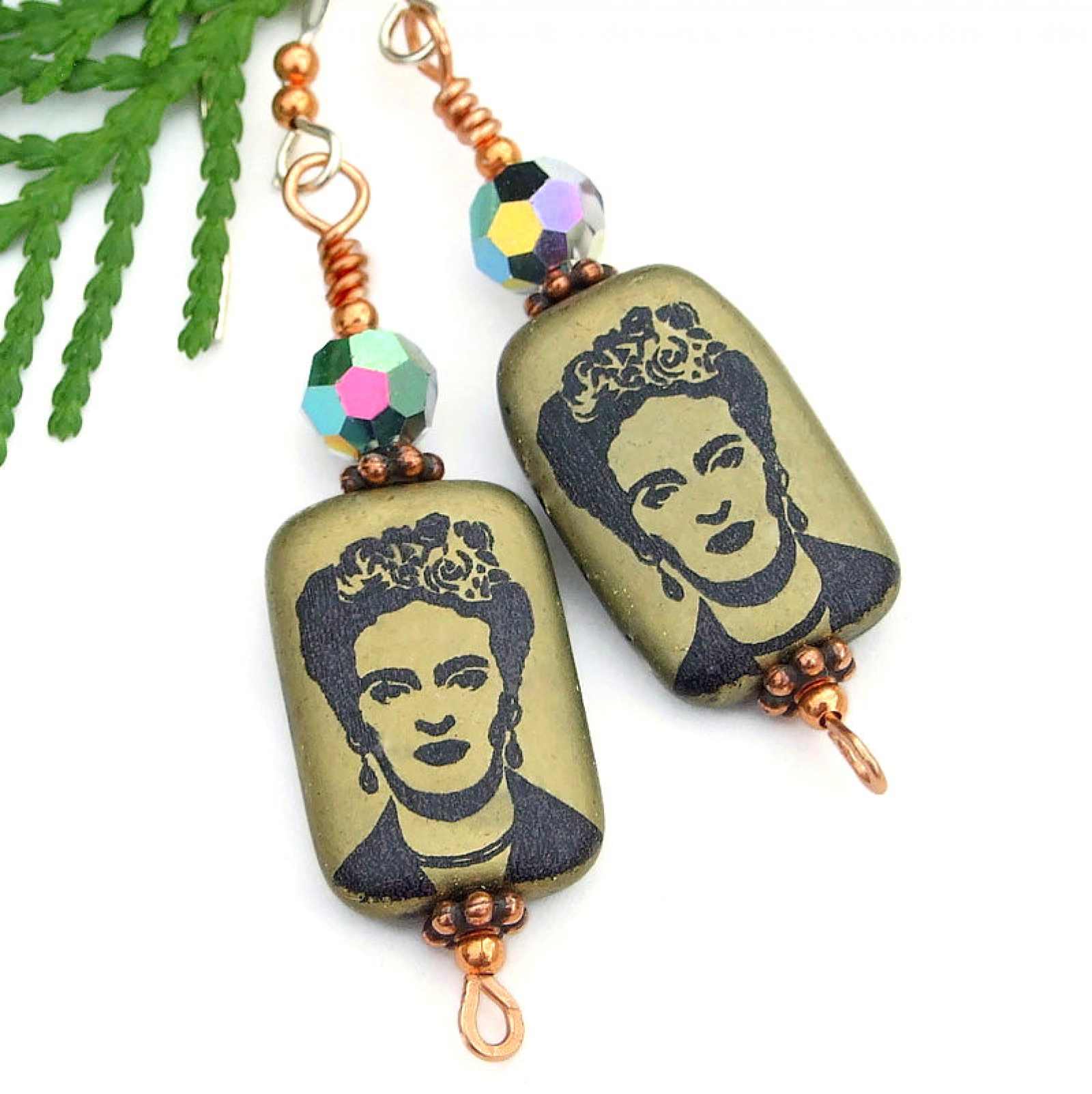 Frida Kahlo Earrings Black Gold Laser Etched Crystals Handmade Jewelry ...