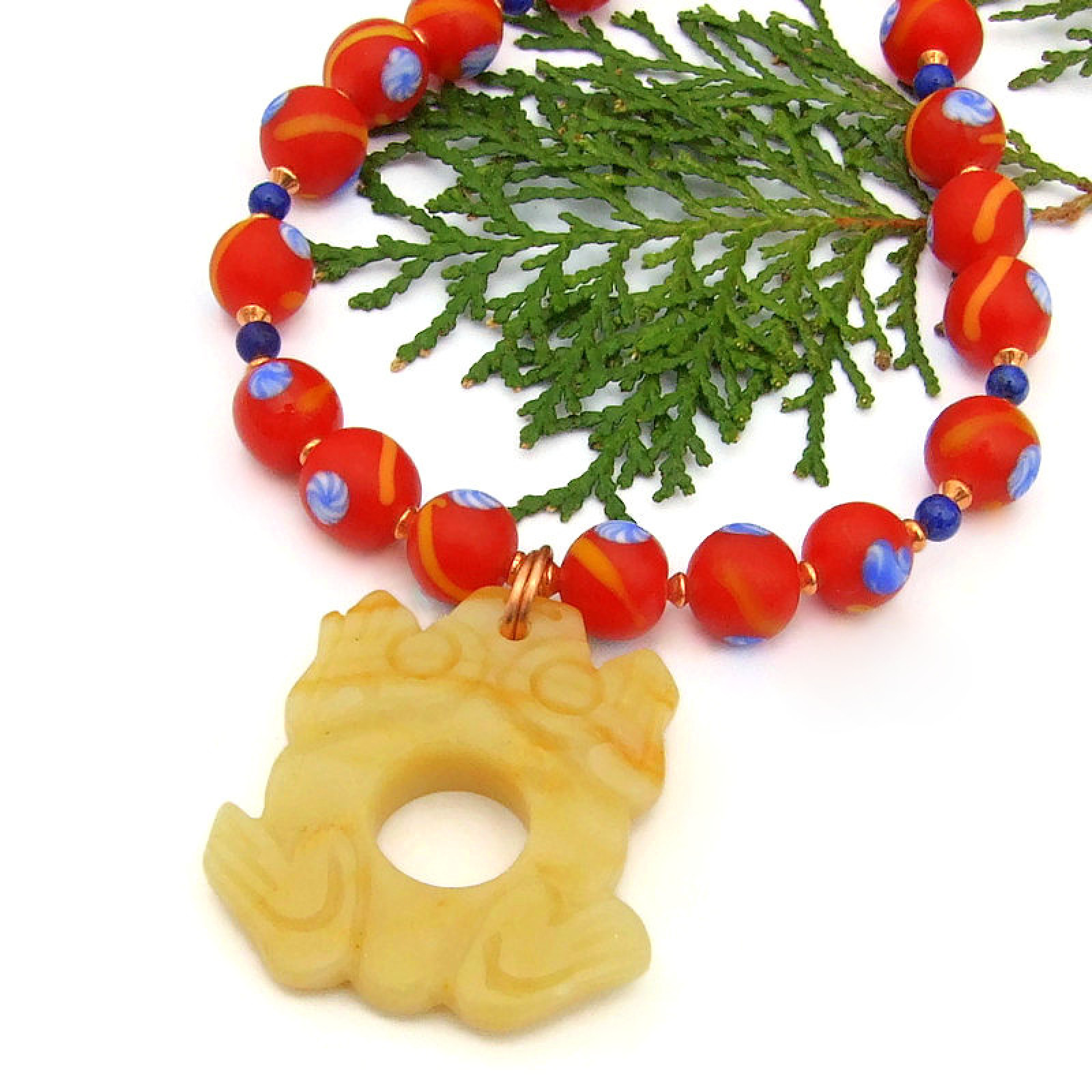 Good Luck Frog Necklace, Aventurine Red Java Glass Handmade Jewelry ...