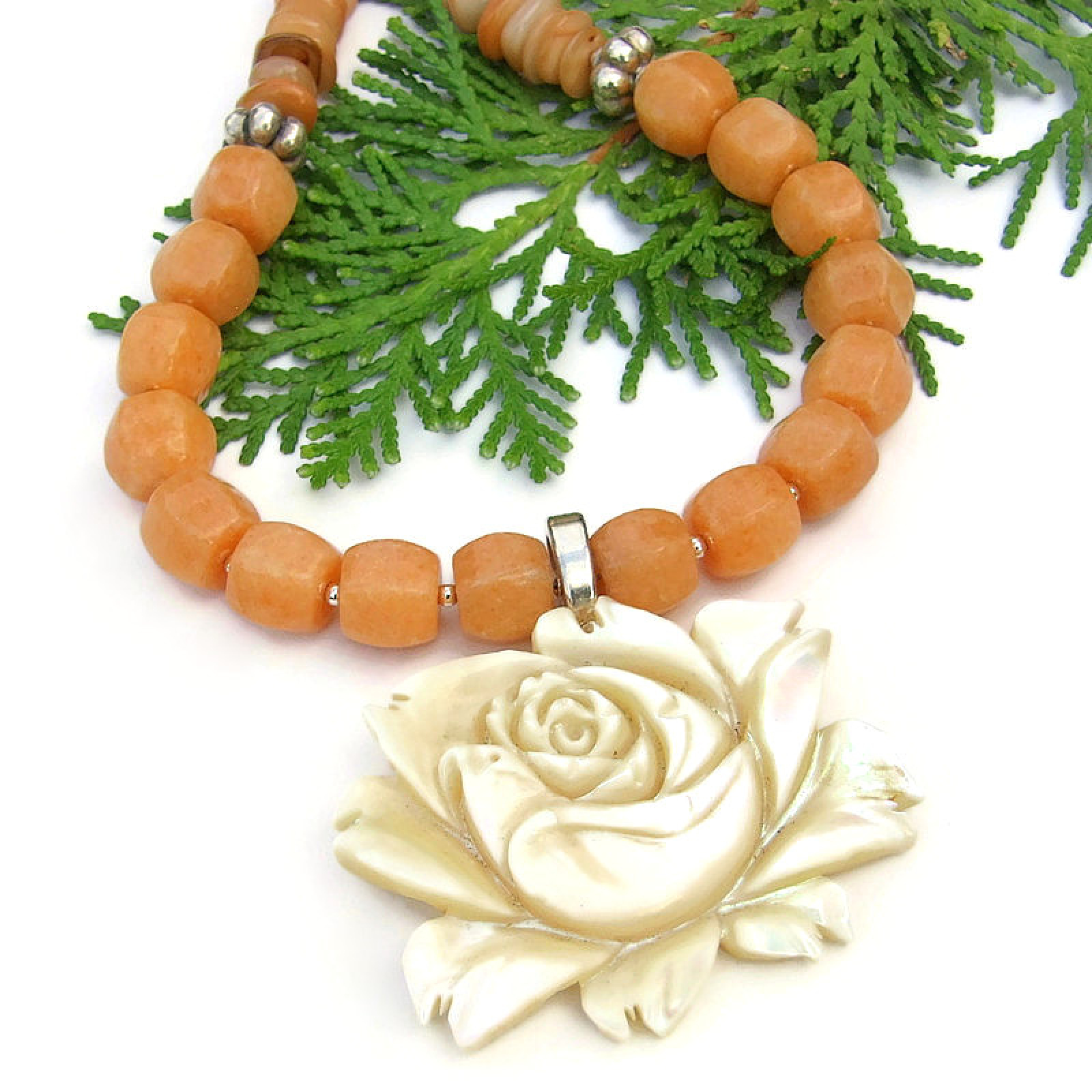Rose Flower Necklace, Vintage Mother of Pearl Calcite Handmade Jewelry ...