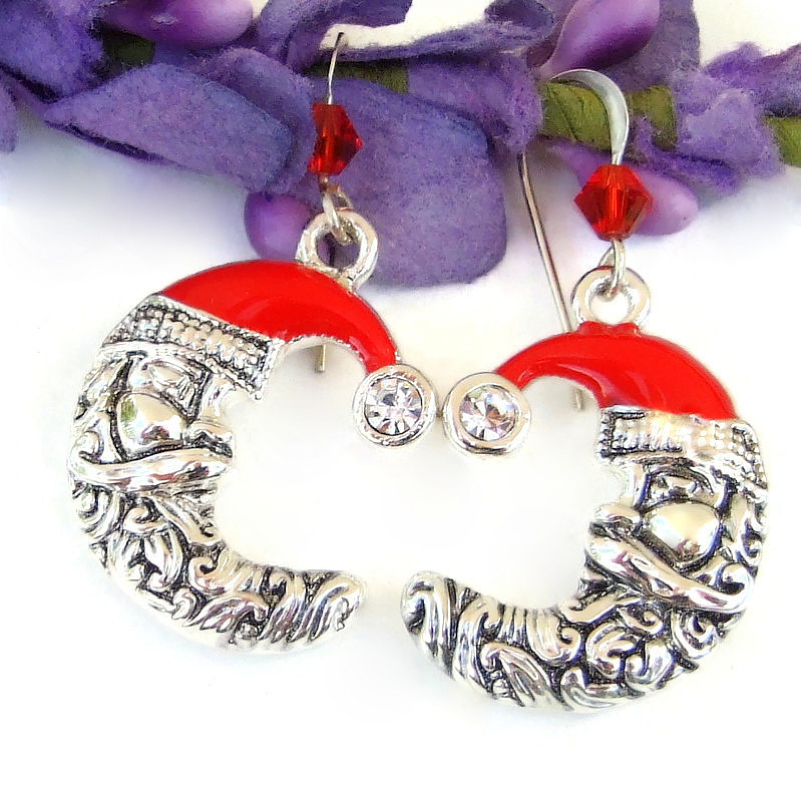 Santa Moons Christmas Earrings, Red Silver Handmade Holiday Jewelry ...