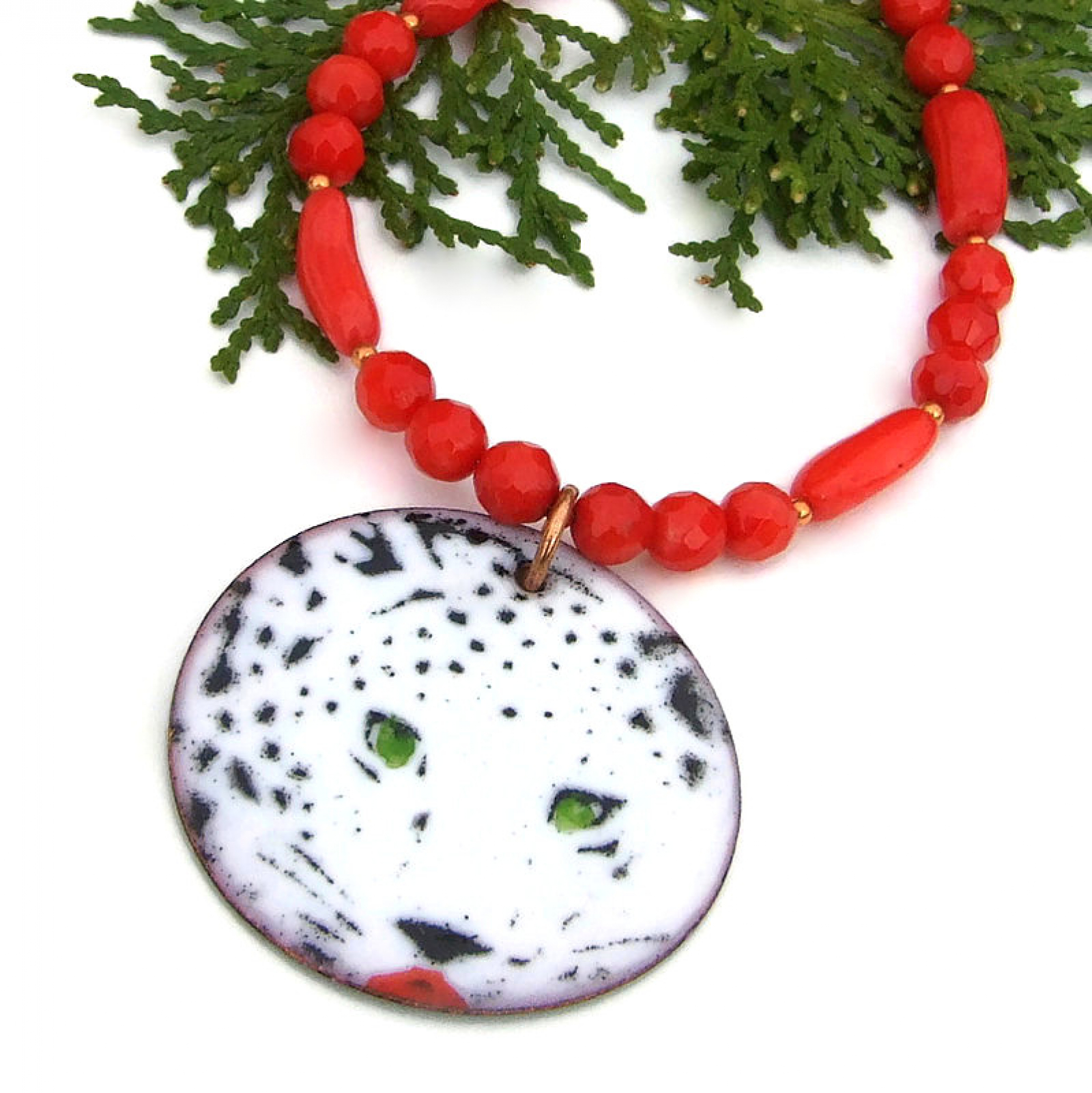 Snow Leopard Necklace, Enamel Red Coral Handmade Wildlife Jewelry Gift ...